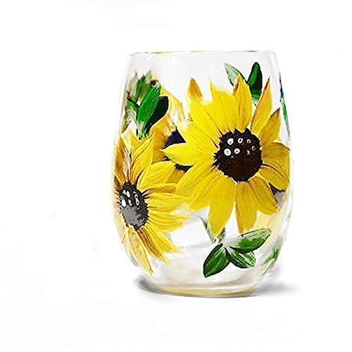 Sunflower Stemless Wine Glass - Summer Spring Time Table Decor - Yellow Sunflower Wine Glass - Hand Painted in the USA - ONE - 15 ounce wine glass