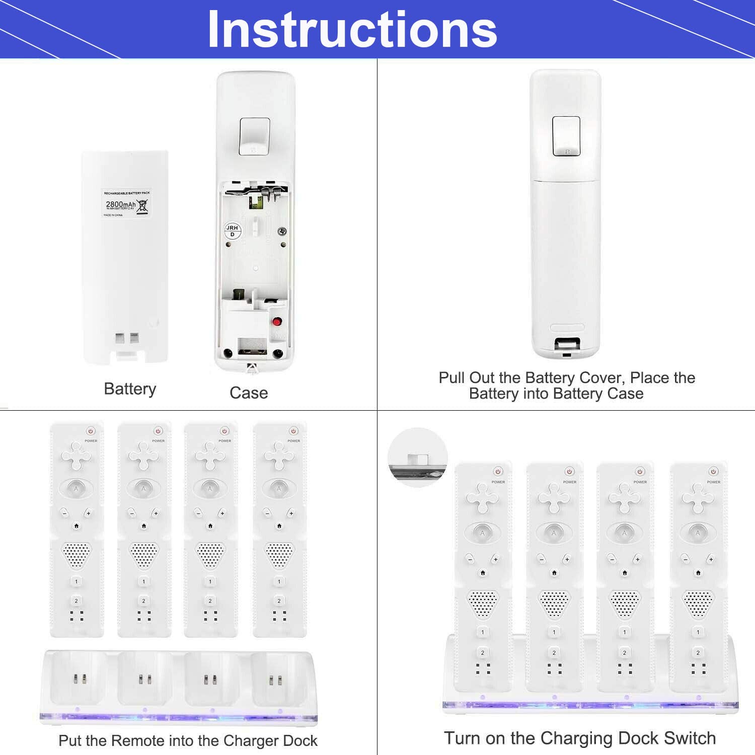 Wii Rechargeable Battery Pack, 4 in 1 Charging Station Charger Dock with 4 Pack 2800mAh Wii Battery Charge for Wii/Wii U Remote Controller