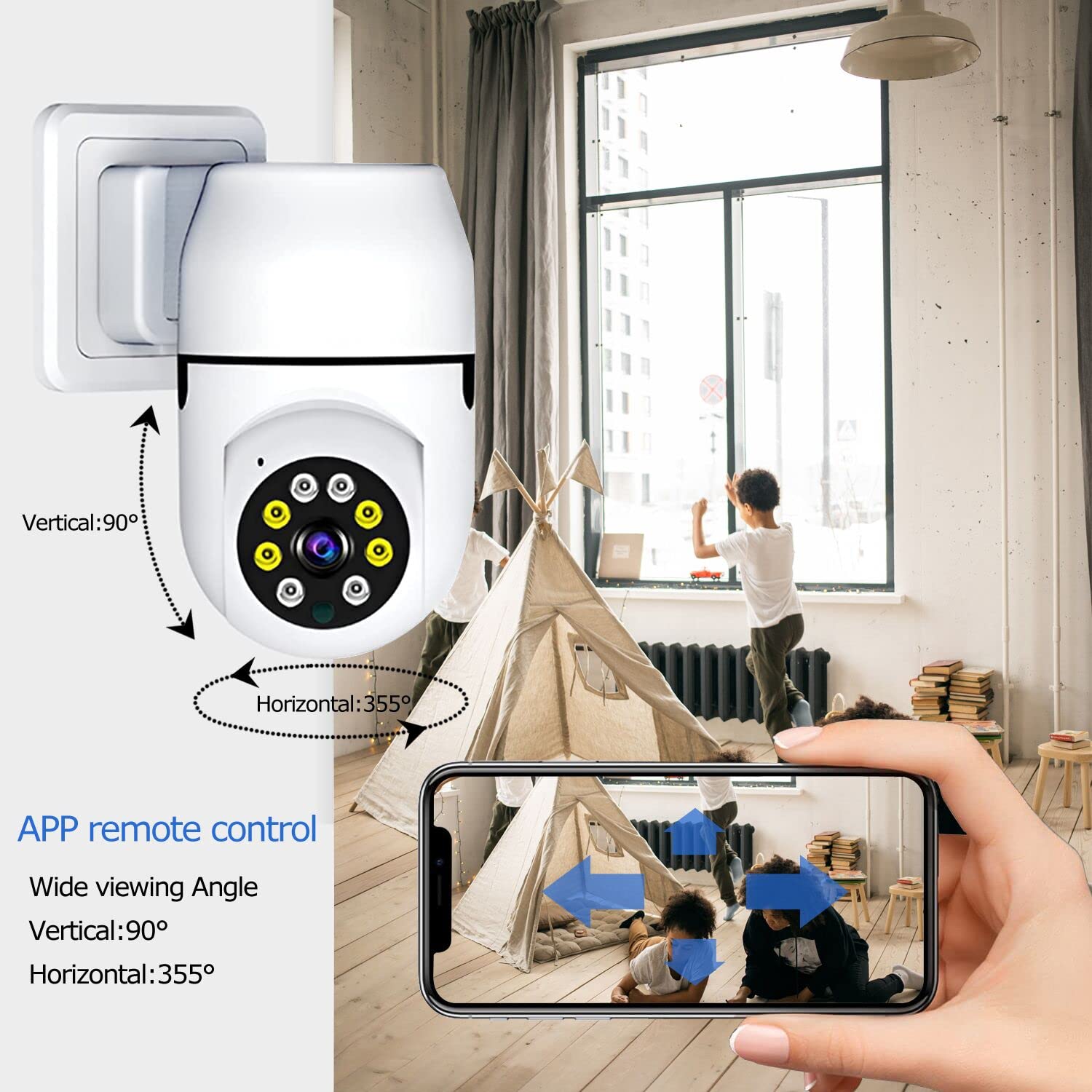 Wireless Indoor Security Camera with Plug to socket no cable,PTZ Smart WiFi Camera Baby Monitor, 360° View 2.4G Camera with Phone APP, Motion Tracking Detection, Two Way Talk, Spotlight On Color Night
