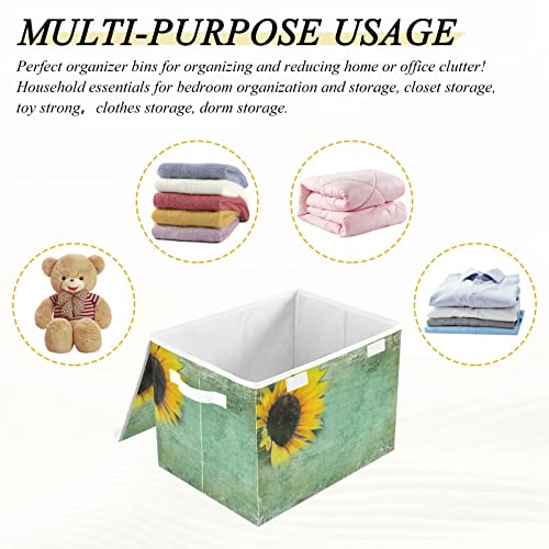 RunningBear Sunflower Teal Large Storage Bins with Lid Collapsible Storage Bin Nursery Baskets Cute Storage Box for Shelf Closet Nursery Home
