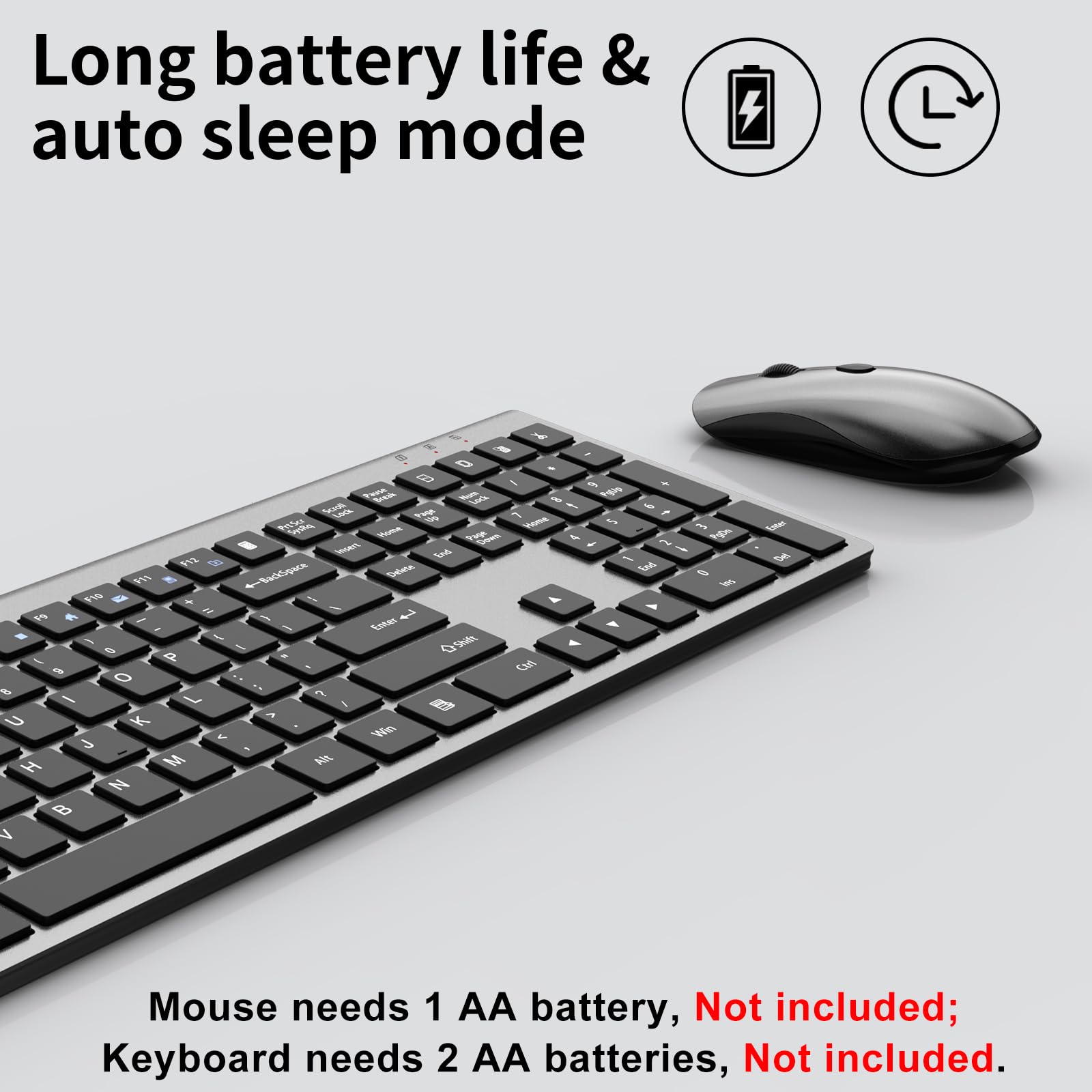 Wireless Keyboard and Mouse Combo, SHUNJINRUN USB Cordless Slim Compact Full-Size Keyboard and Ergonomic Silent Mouse with Side Buttons, for Windows,PC,Computer,Laptop,Chromebook - Gray