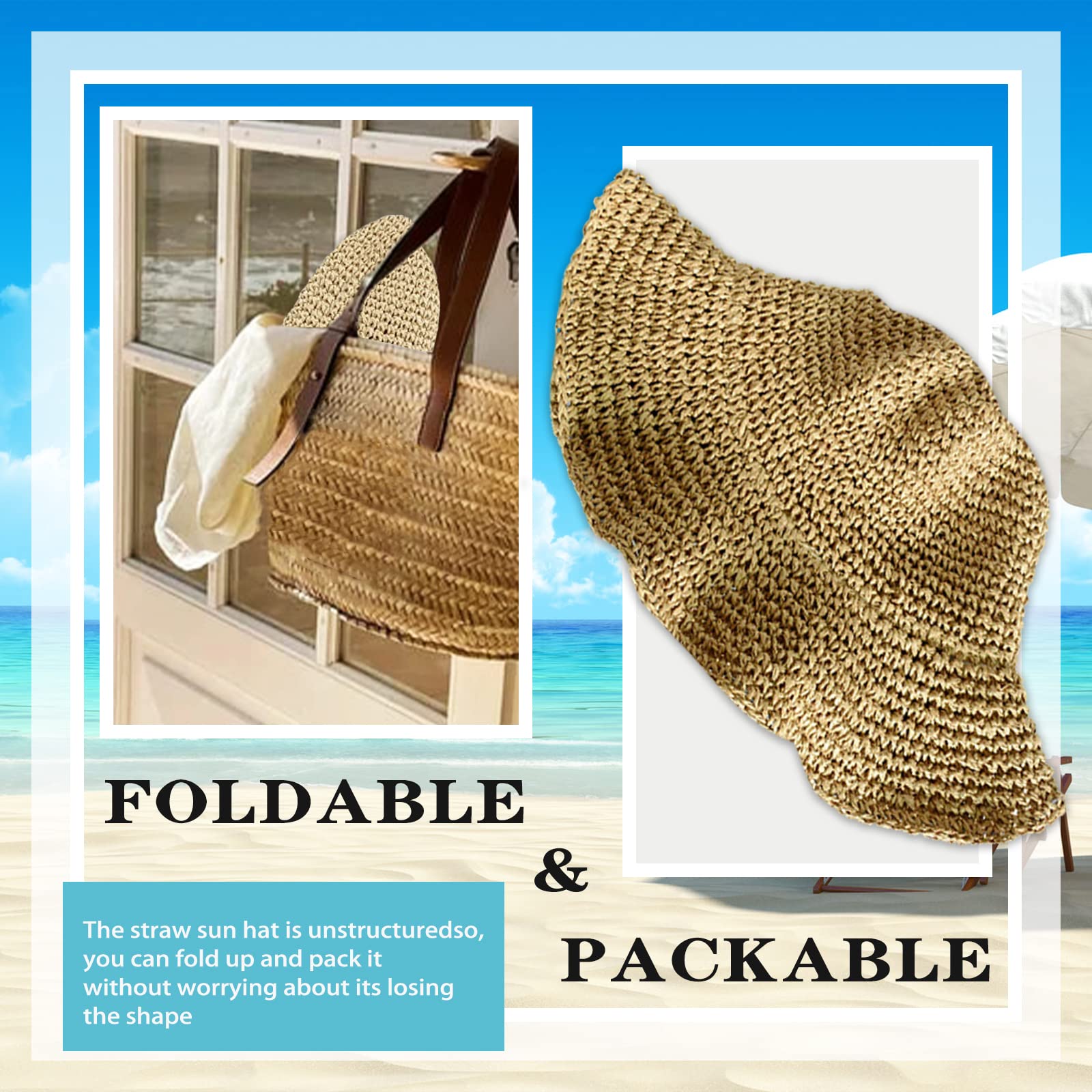 Straw Bucket Hat Beach Hat for Womens Sun Hat Foldable Packable Wide Brim Hat Summer Protection Beach Cap Straw Cowboy Hats Khaki
