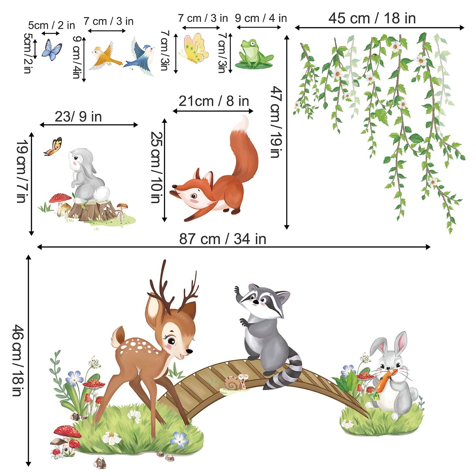 wondever Forest Animals Wall Stickers Deer Rabbit Raccoon on Bridge Peel and Stick Wall Art Decals for Baby Nursery Kids Bedroom