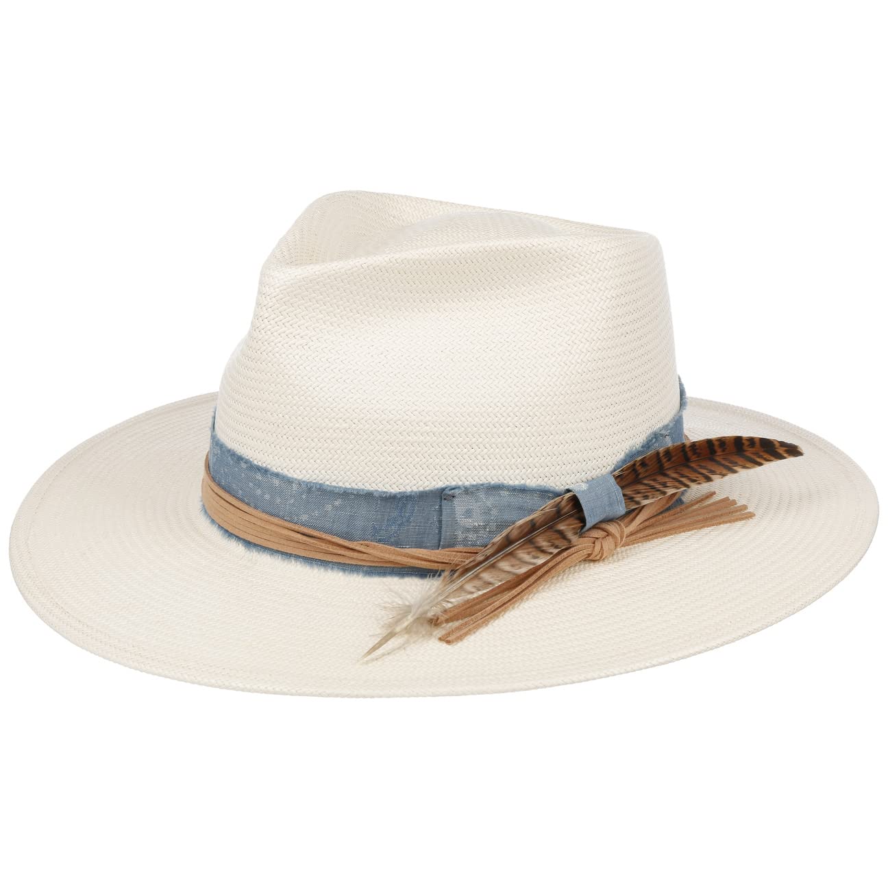 Stetson Feather Trim Toyo Western Straw Hat Women/Men Cream White 7-7 1/8