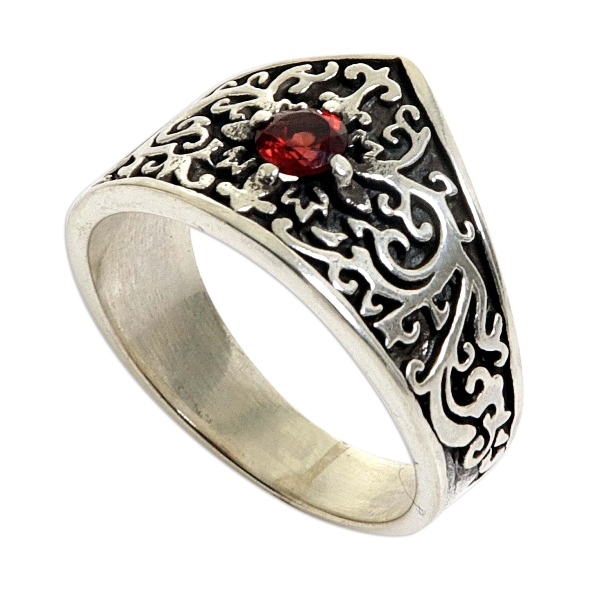 NOVICA Artisan Handmade Garnet Band Ring .925 Sterling Silver from Indonesia Aurora Birthstone 'Red Crown'