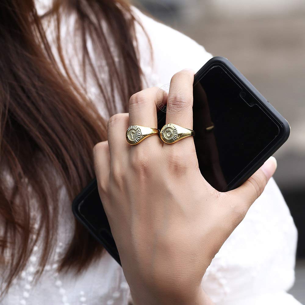 Trendsmax Chic Gold Plated Initial Letter S Signet Statement Open Band Ring for Women Girls Stylish Knuckle Stackable Party Open Ring Size 7.5