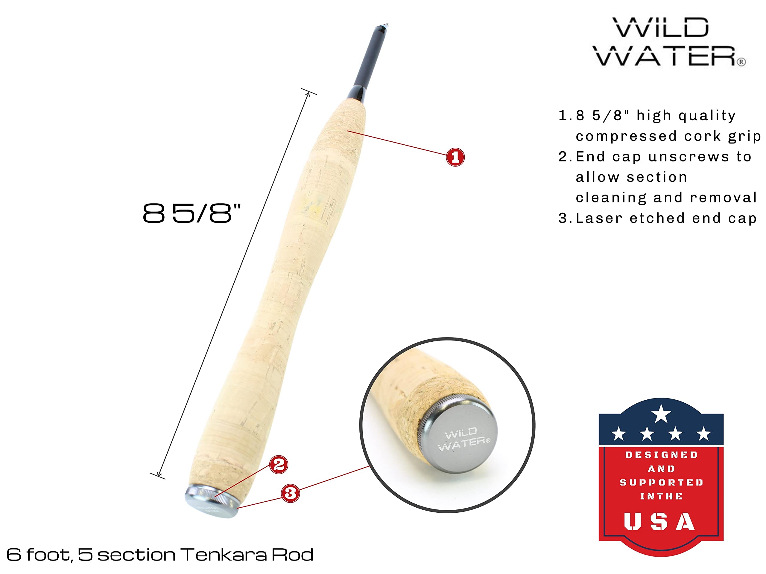 Wild Water Fly Fishing Tenkara Rod, 6 Foot, 5 Section IM8 Graphite Telescopic Rod with Cork Handle, Hard Tube Rod Case and Knitted Rod Sock