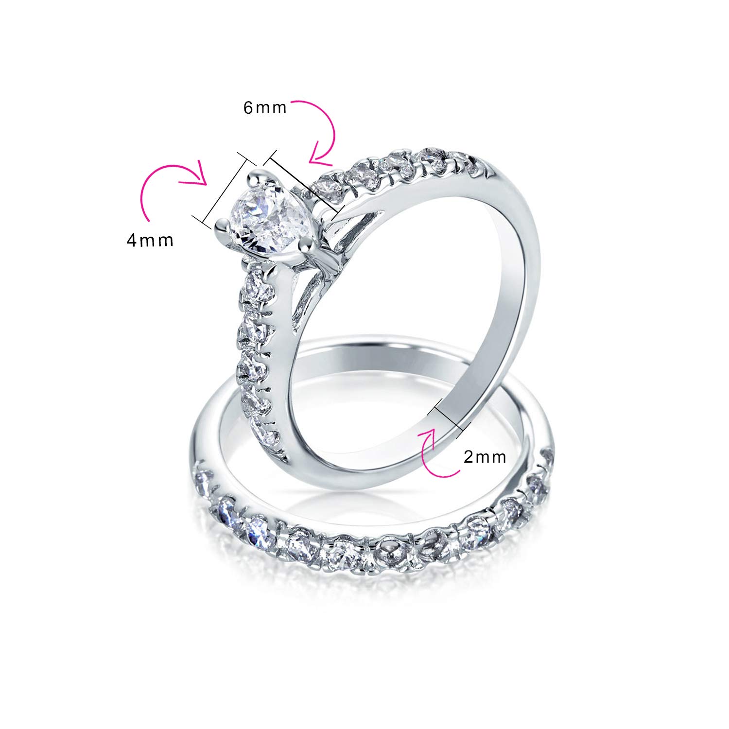 Personalize Traditional 1CT Pear Cubic Zirconia Teardrop or Round Solitaire Thin Pave Band AAA CZ Anniversary Engagement Wedding Ring Set For Women .925 Sterling Silver Customizable