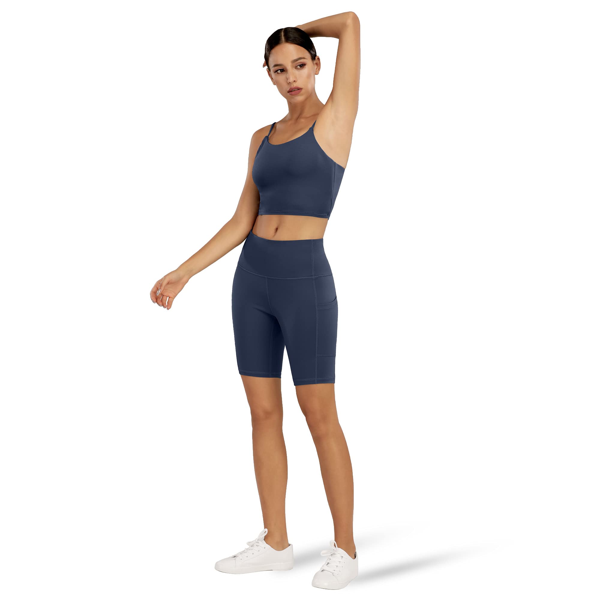 TALACCA Outfits GYM Shorts Set Workout Running Crop Top with Sports Bra, Navy M