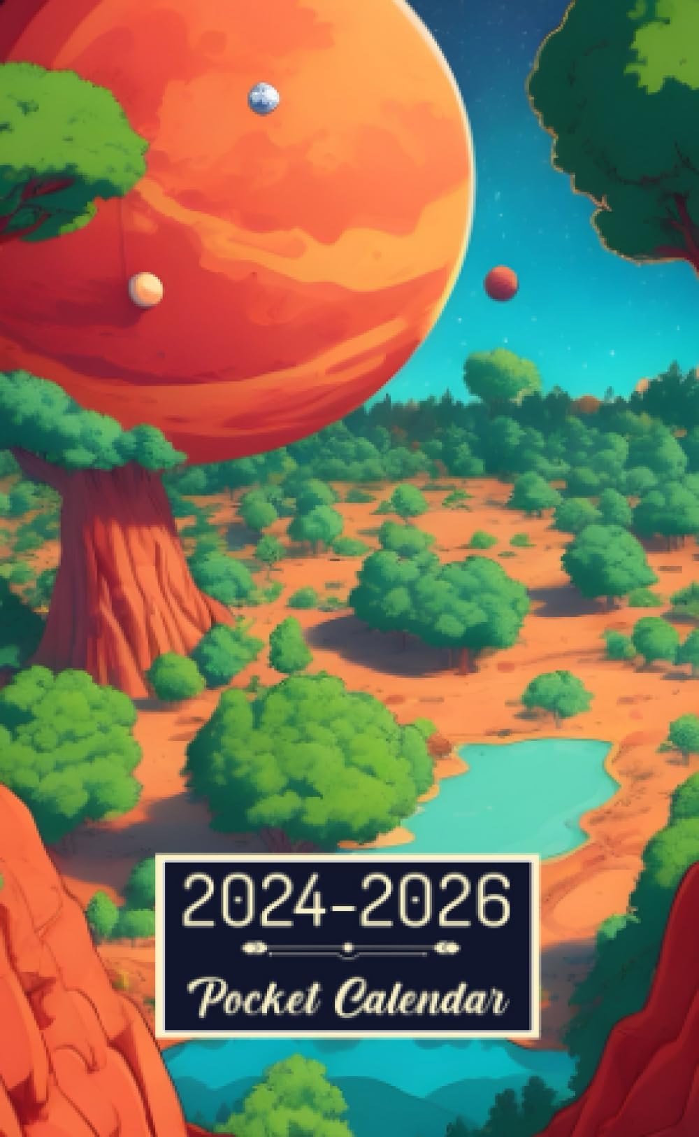 Pocket Calendar 2024-2026: Two-Year Monthly Planner for Purse , 36 Months from January 2024 to December 2026 | Mars planet cartoons | Trees | Coloring book style