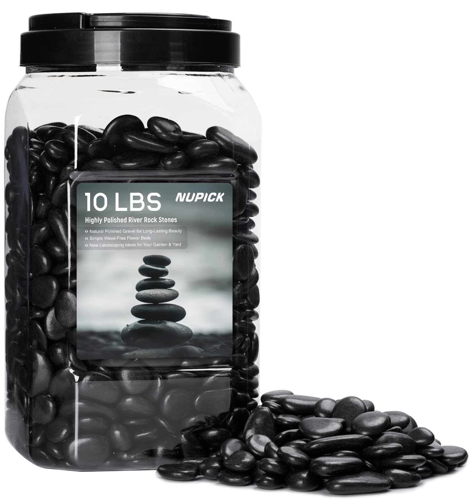 NUPICK 10 Pound River Rocks, 1-2 Inches Polished Pebbles for Plants, Fish Tank, Clear Vase and More, Natural Black Stones