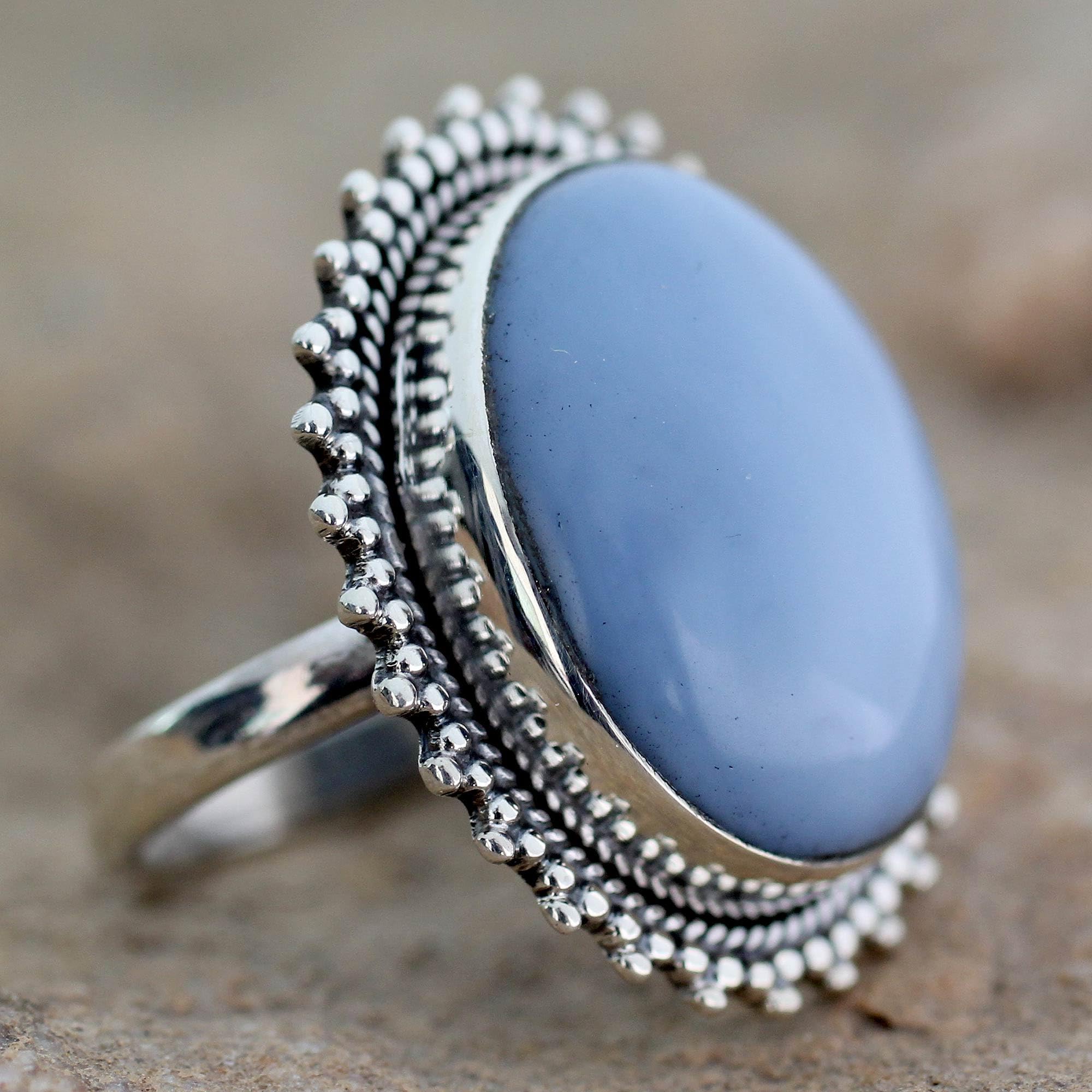 NOVICA Artisan Handmade Opal Cocktail Ring Indian Jewelry with .925 Sterling Silver Birthstone 'Blue Promise'