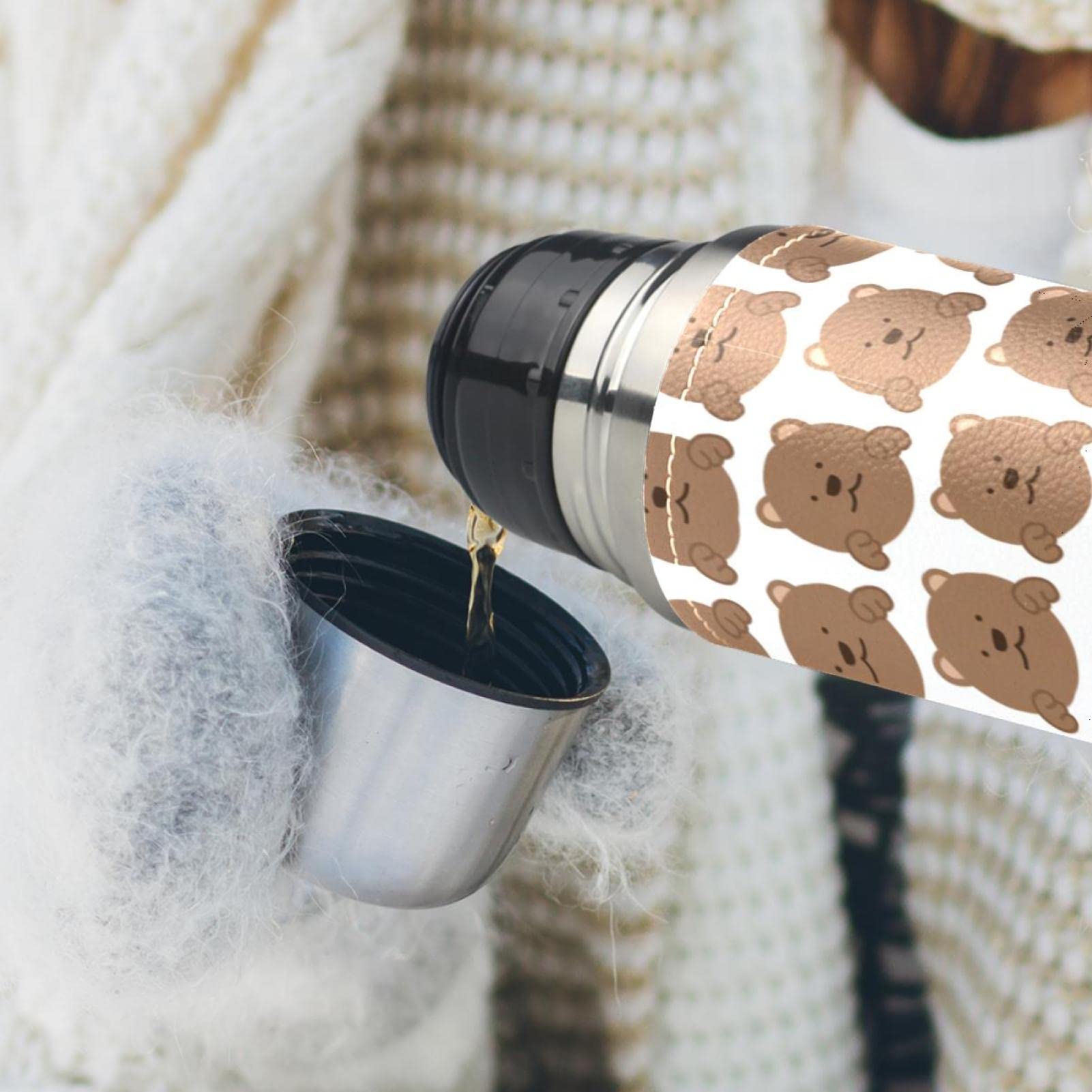 Stainless Steel Leather Vacuum Insulated Mug Bear Thermos Water Bottle for Hot and Cold Drinks Kids Adults 16 Oz