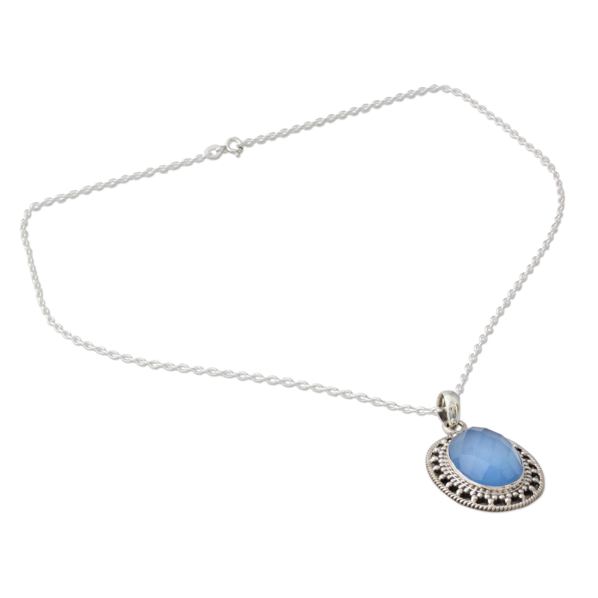 NOVICA Artisan Handmade Chalcedony Pendant Necklace Pale Blue Artisan Crafted Silver Sterling India Serenity Airy [18 in L 2 mm W Pendant(s) 1.6 in L x 0.9 in W x 0.3 in D] ' Azure Ice'