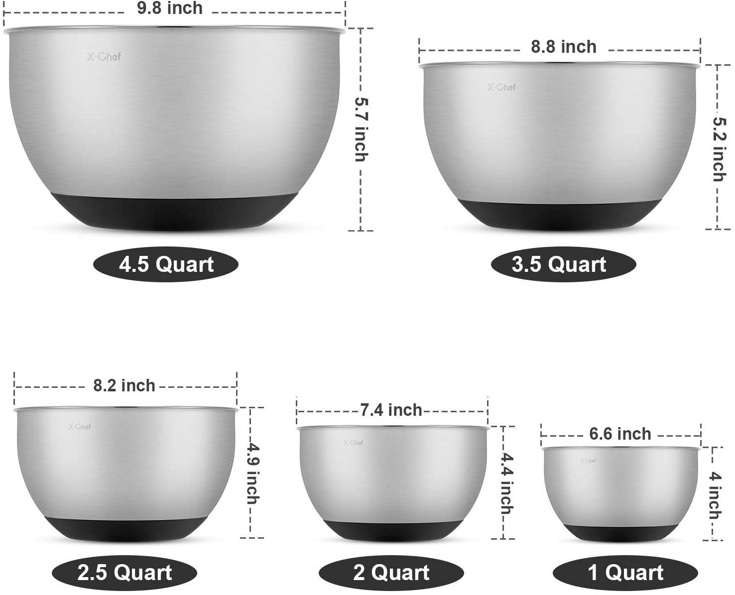 X-Chef Stainless Steel Bowls with Lids, Mixing Storage Bowl Set of 5 with Measurement, Stackable & Non-slip (1, 2, 2.5, 3.5, 4.5 QT)