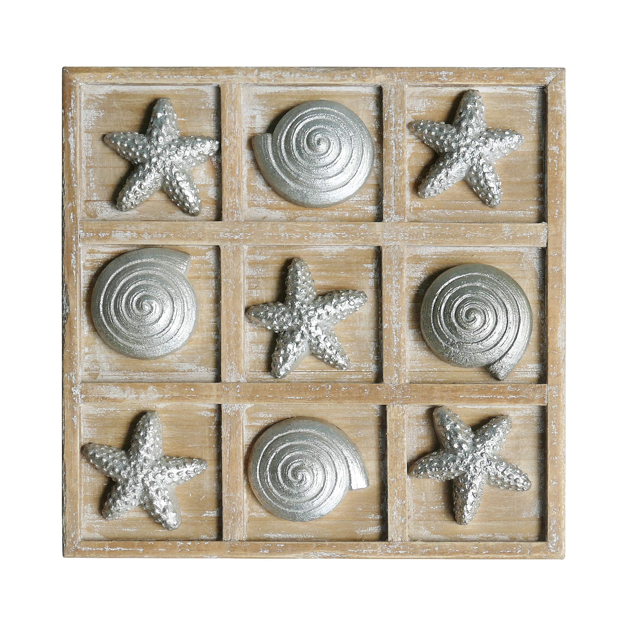 NIKKY HOME Wood Board Travel Game Beach Tic Tac Toe for Fun, Coastal Beach House Coffee Table Decor 8.93 x 8.93 x 1.26 inches - Silver