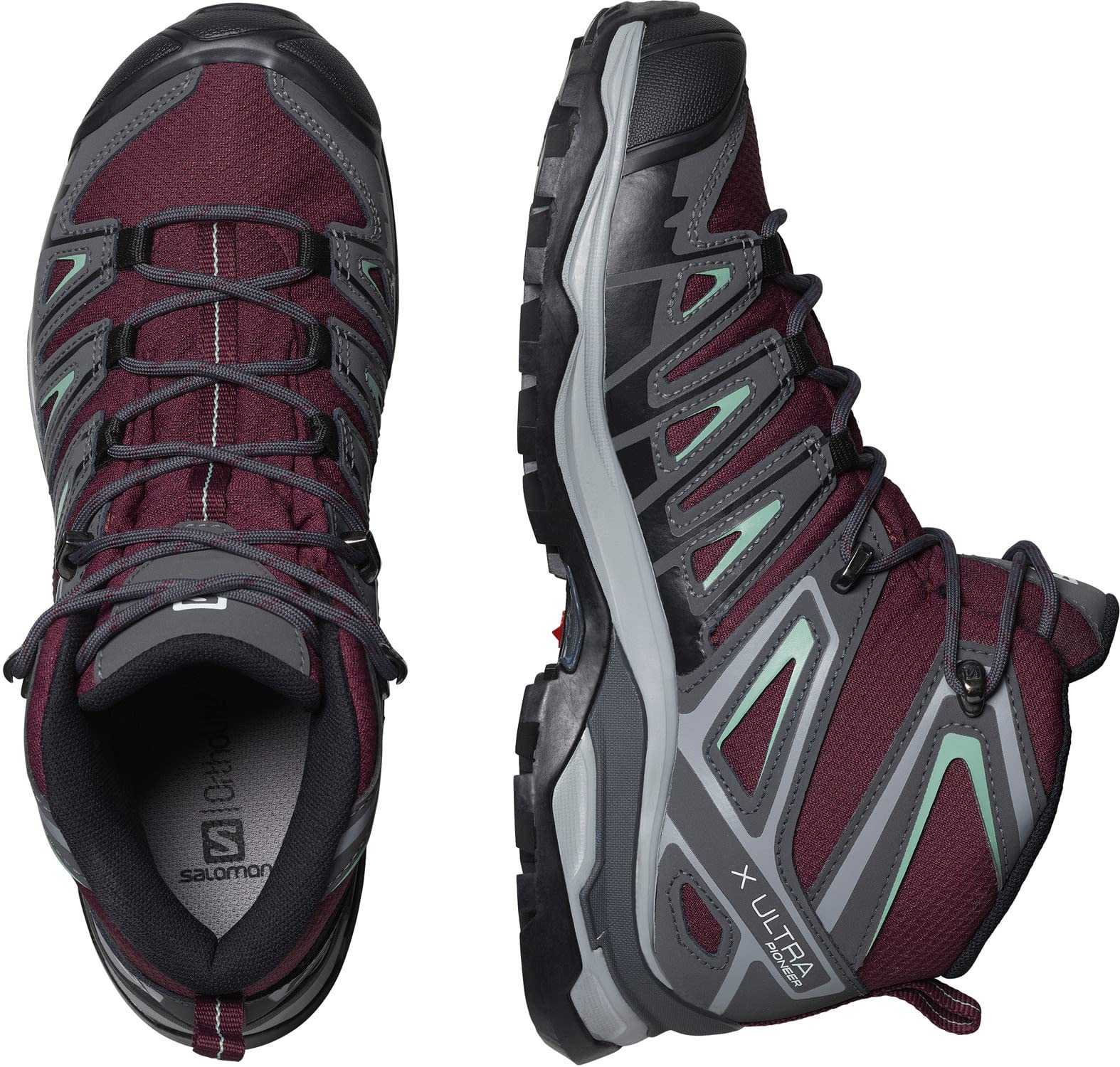 Salomon X Ultra Pioneer MID CLIMASALOMON Waterproof Hiking Boots for Women Trail Running Shoe, Wine Tasting/Magnet/Granite Green, 5