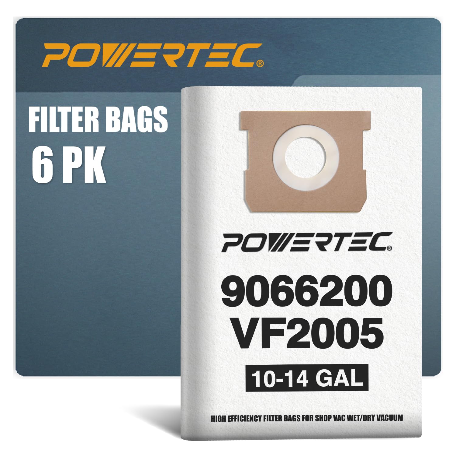 POWERTEC Shop Vacuum Bags 6PK for Shop Vac Type F 90662, Type I 90672, VF2005/ Craftsman CMXZVBE3877, CMXZVBE38768/ Vacmaster VHBL VDBL 10-14 Gallon Vacuum Bag, High Efficiency Shop Vacuum Filter Bags
