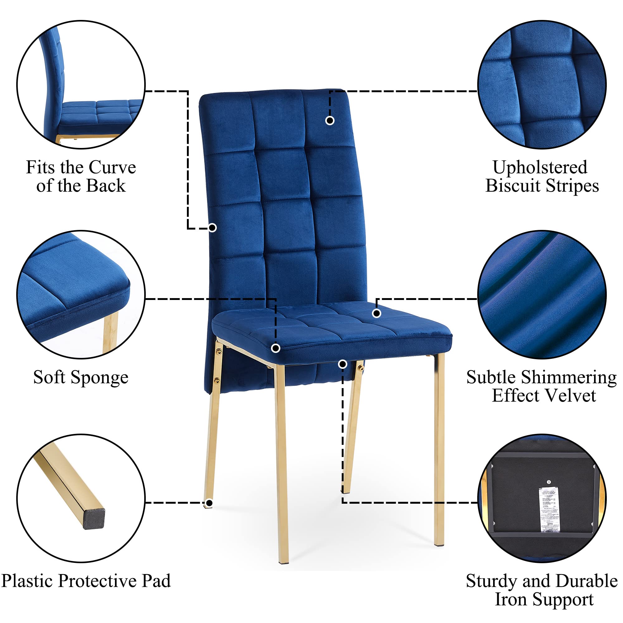 NORDICANA Upholstered Velvet Dining Chairs Classic Kitchen High Back Chairs Set of 4, Featured Dovetail Tufted Side Chairs, Golden Color Metal Legs, Navy Blue