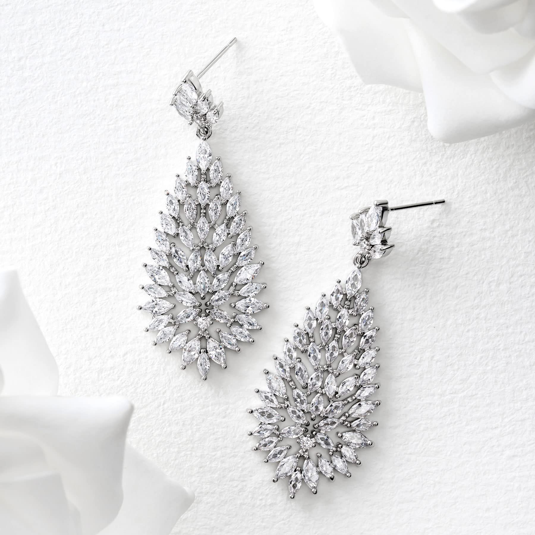 SWEETV Chandelier Wedding Bridal Earrings for Brides Bridesmaid, Silver Cubic Zirconia Statement Dangle Drop Earrings for Women's Pageant,Prom,Party