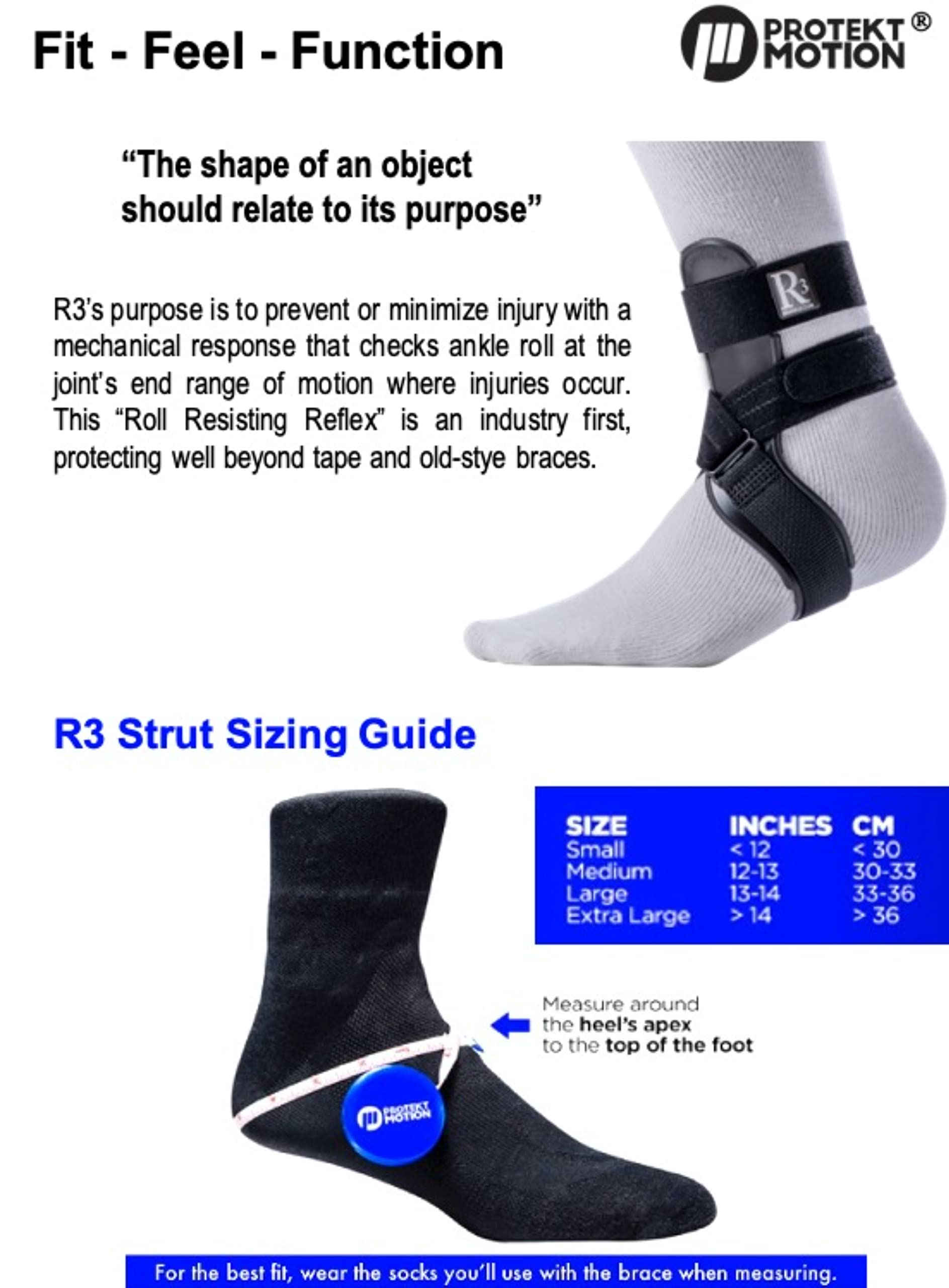 Protekt Motion - R3 STRUT High Performance Sports Ankle Brace; 3X The Ankle Roll Resistance of Old-style Lace-up & Stirrup Braces (Left, Medium)