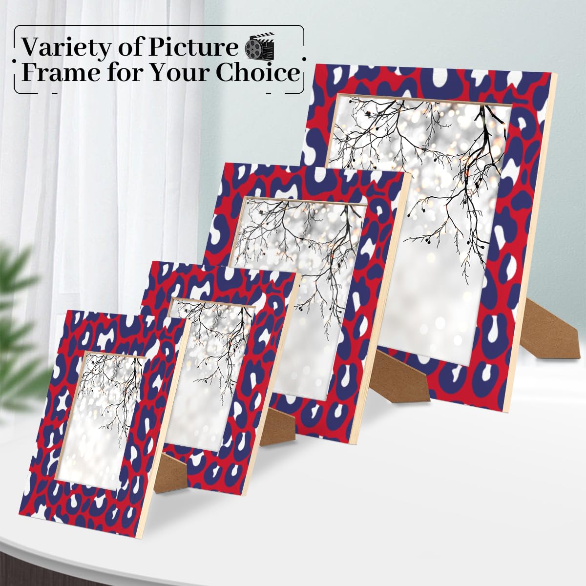 POFATO Leopard Print Blue Red 4x6 Picture Frame Wood Photo Frame for Tabletop Display Wall Mount Picture Frame Display 4x 6 Inch Photo Wall Decor Home Gift Frames