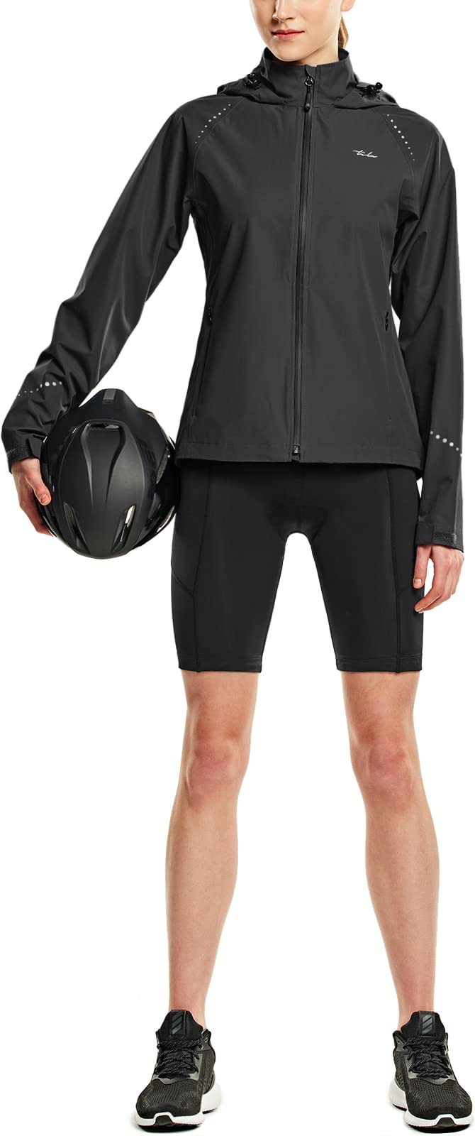 TSLA Women's Cycling Windbreaker Jacket, Waterproof Running Workout Rain Jackets, Packable Reflective Hiking Hoodie, Cycling Black, Small