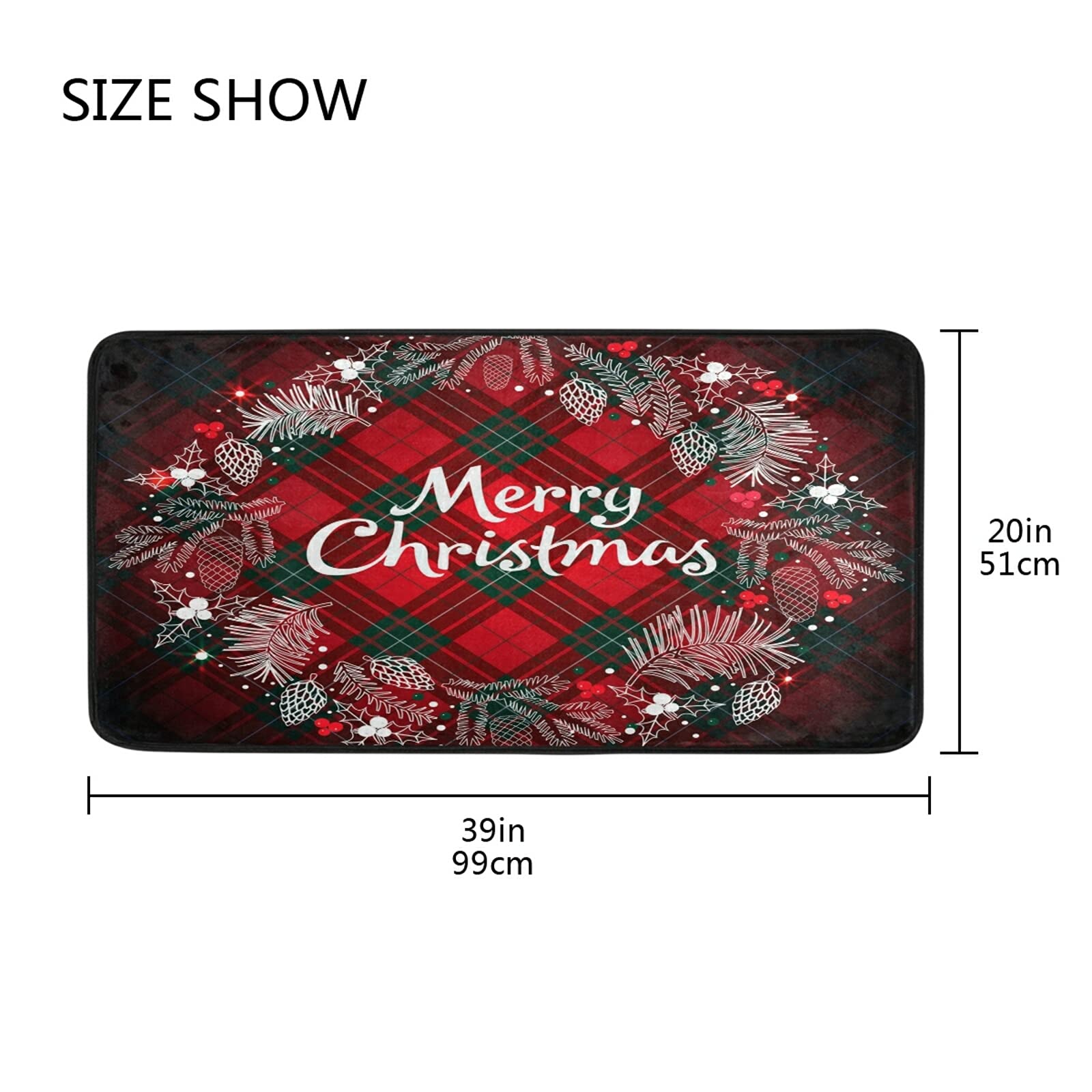 senya Christmas Rugs Kitchen Rugs Runner Christmas Monogram Wreath Tartan Plaid Doormat Bath Rugs Mat Non Slip Area Rugs for Bathroom Kitchen Indoor 39" X 20"