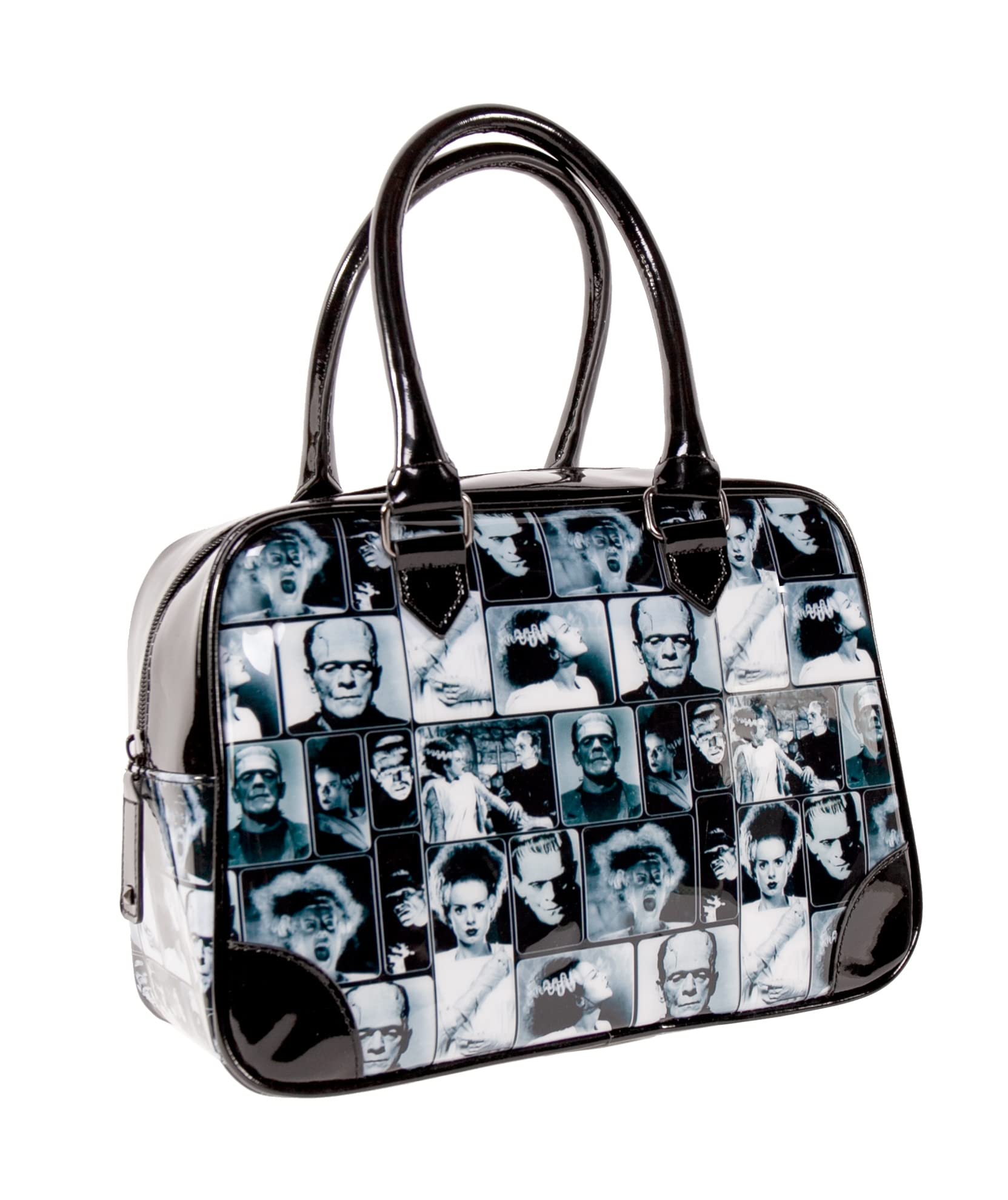 Universal Monsters Frankenstein and Bride Handbag Women s Top Handle Tiled Movie Scenes Bowler Bag