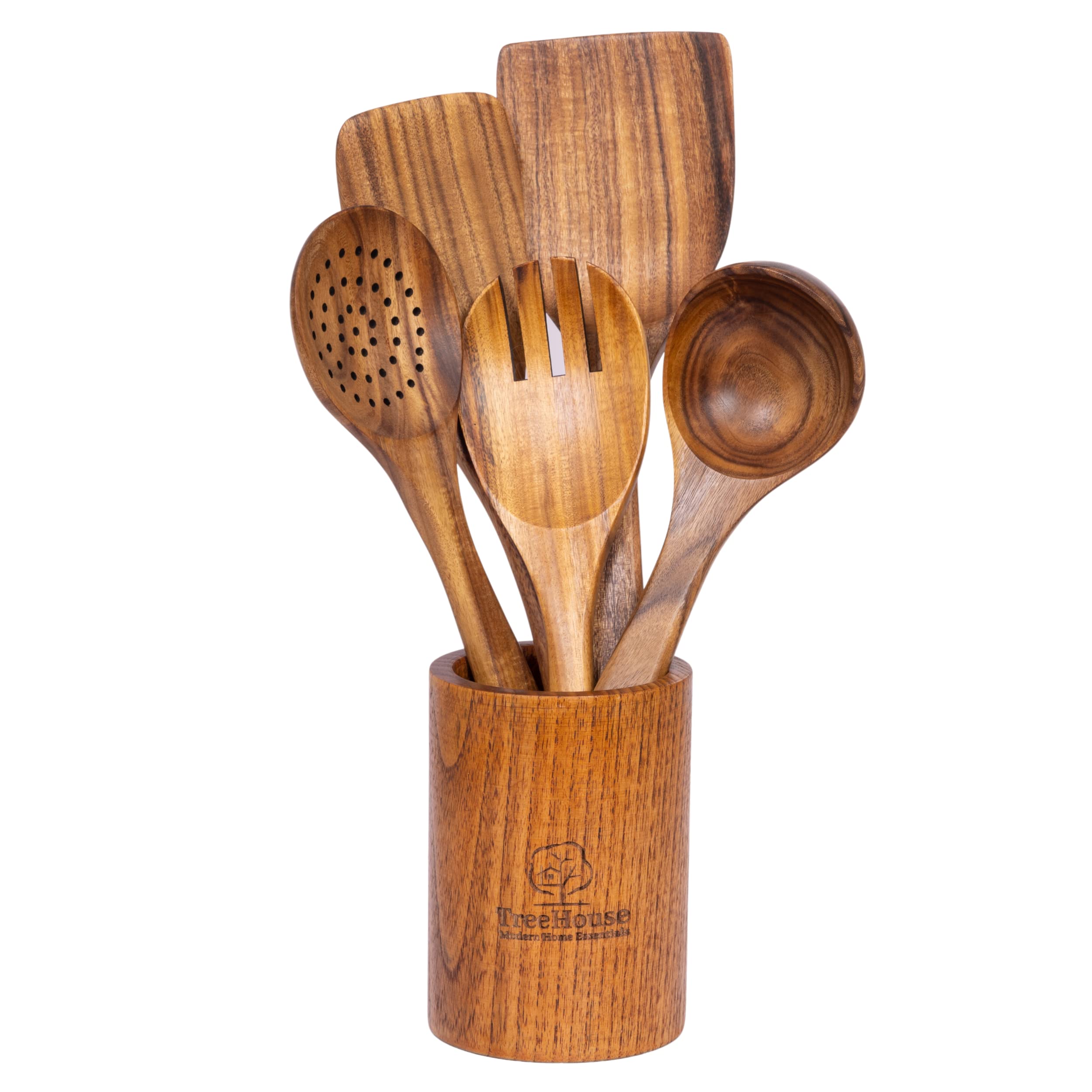 Natural Teak Wood Kitchen Gadgets use for Cooking Utensils Set, 6-Piece Wooden Spoons and Spatula with Holder, Nonstick and Healthy Kitchen Cookware for Comfortable Cooking Experience.