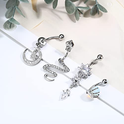 THUNARAZ 14G Belly Button Rings Dangle Cute Navel Ring Snake Heart Skull Hand with Opal Clear CZ Belly Button Rings for Women Belly Piercing Pack