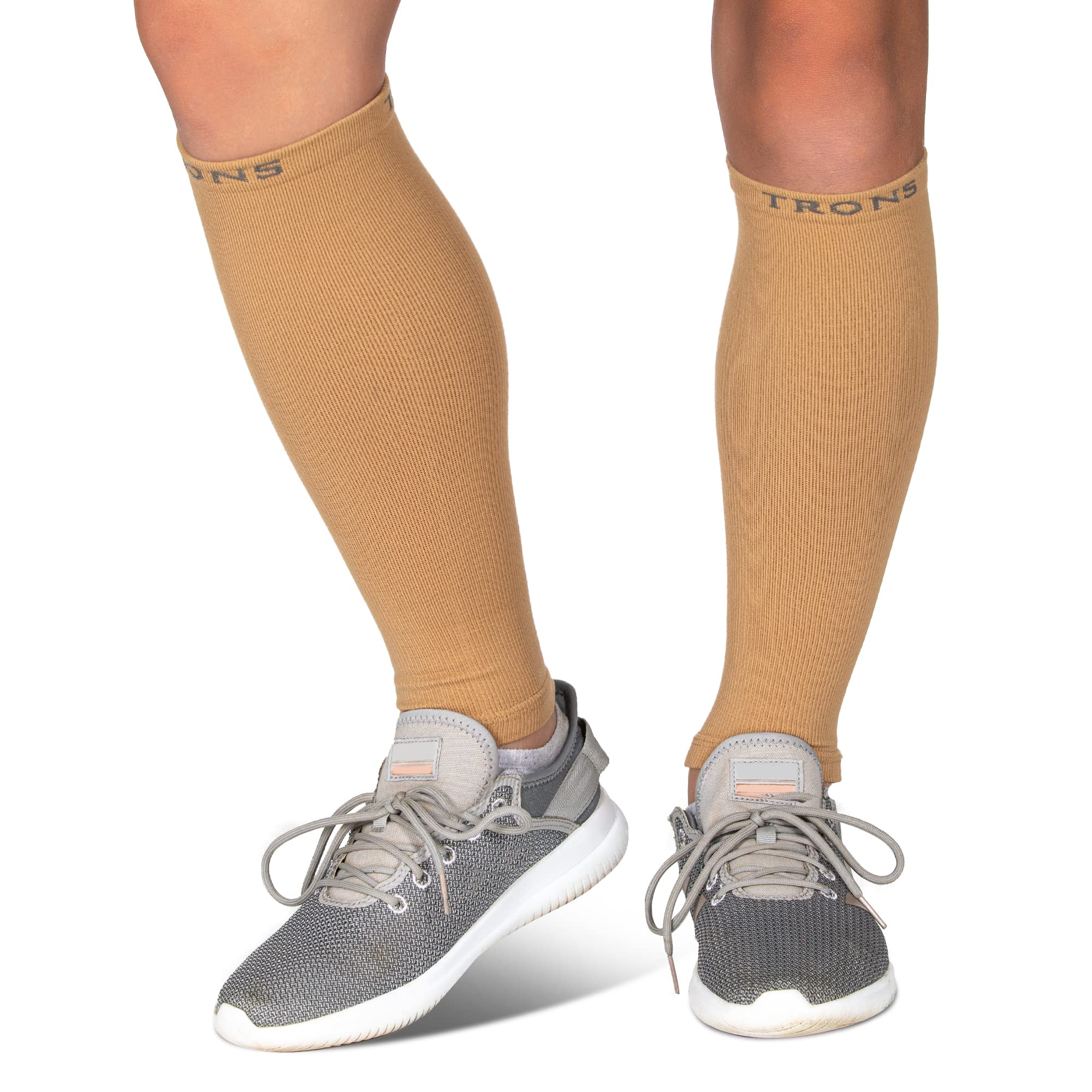 Trons Calf Compression Sleeves - Compression Socks for Fitness, Sports, Running, Shin Splint, Varicose Vein, Weak Joints, and Calf Pain Relief (Large, White)