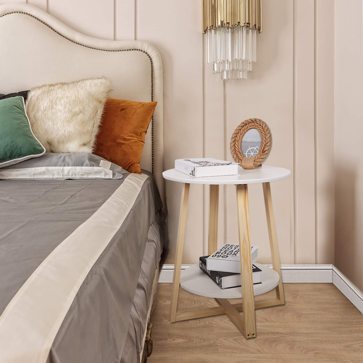 NXN-HOME Round Sofa Side End Table with 2-Tier Storage, White Sofa Small Side Table for Home Office Living Room Bedroom Furniture, MDF Desktop, Durable Solid Wood Bracket