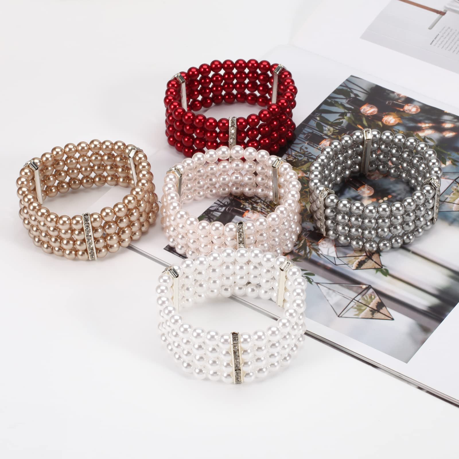 Twinfree 5 Sets Stretch Multilayer Faux 8mm Pearl Bracelet Bangle Vintage Wedding Bridal Jewelry
