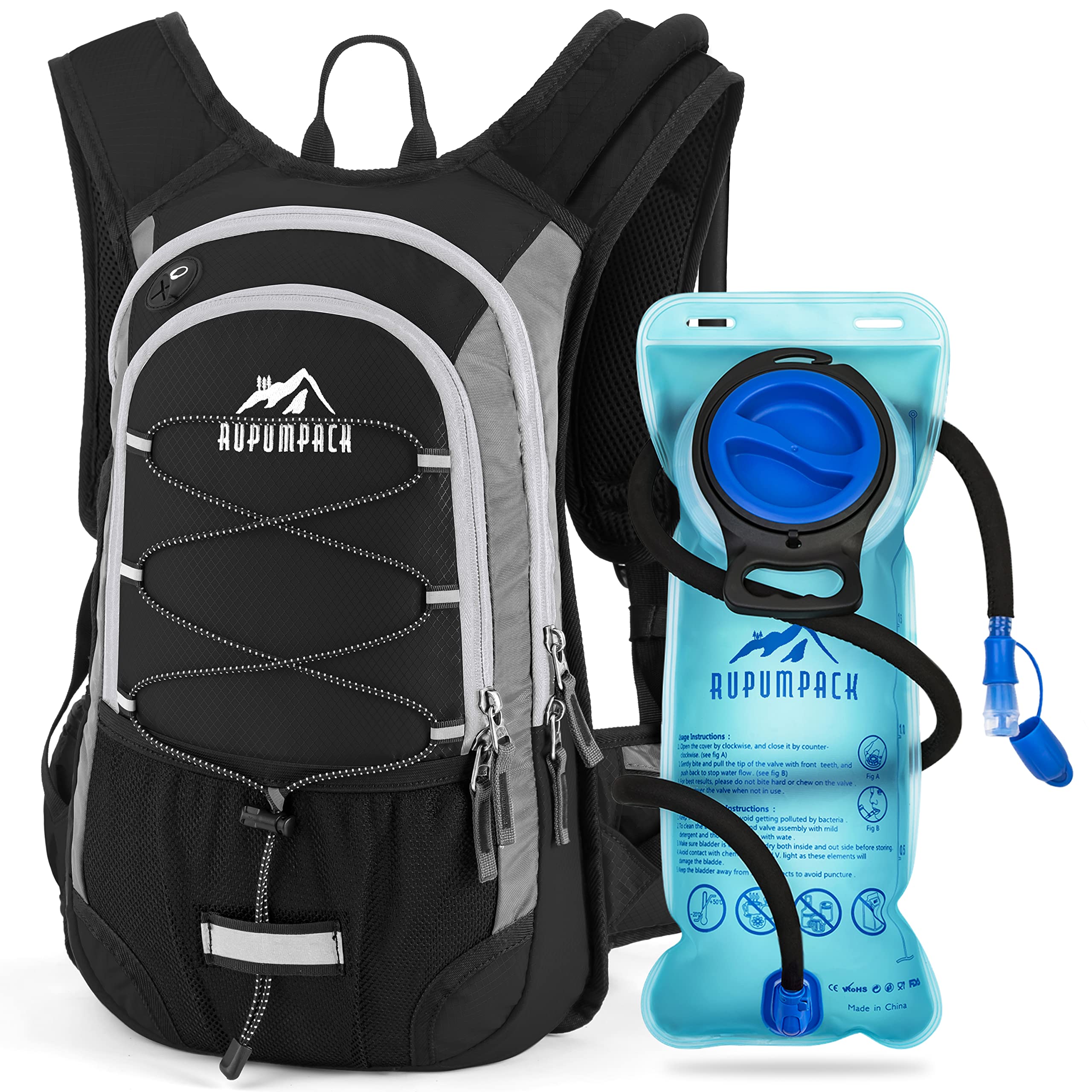 RUPUMPACK Hydration Backpack Insulated Hiking: 15L Hydration Pack for Women Men - Lightweight Water Hydro Backpack Mochila with 2L Bladder for Climbing Cycling Running Rave Biking Festival Trail