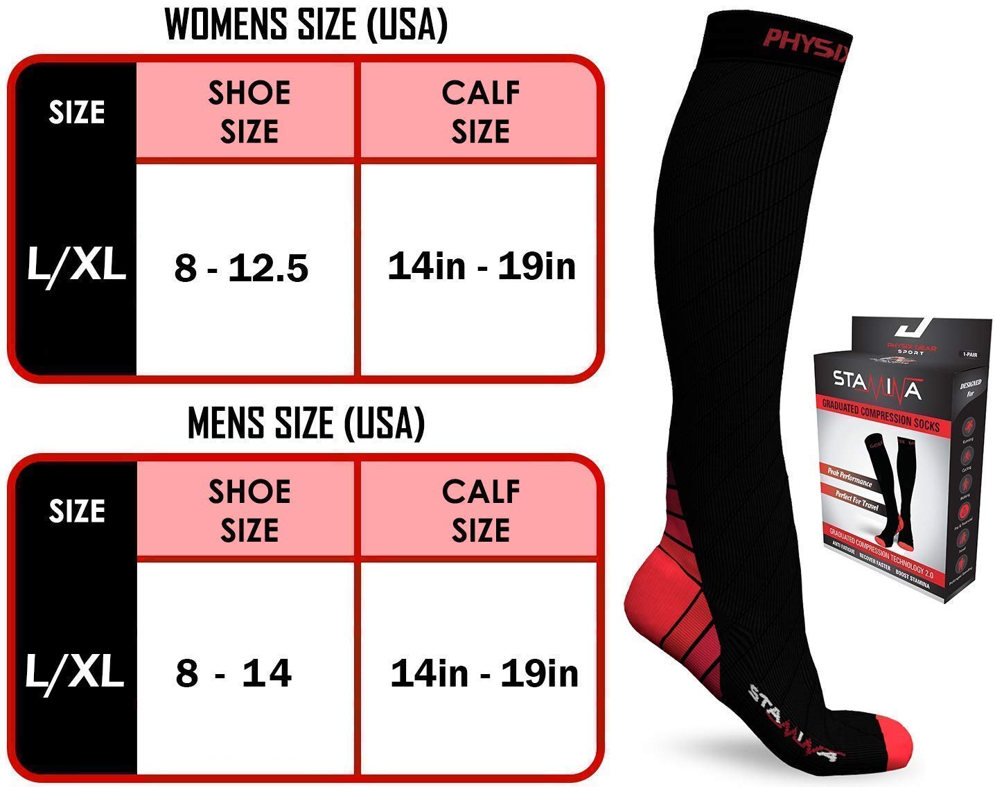 Physix Gear Sport 3 Pairs of Compression Socks for Men & Women in (Black/Green + Black/Orange + Black/Red) L-XL Size