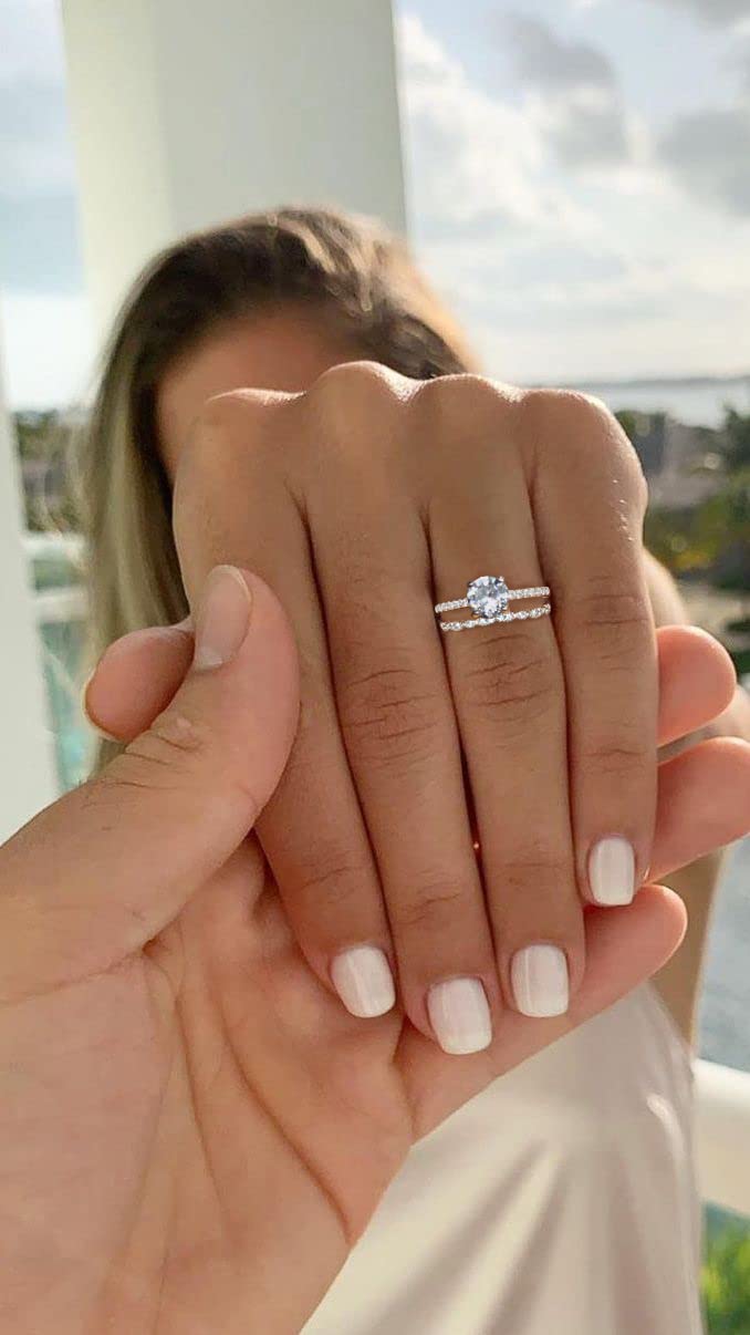 Tsnamer 1.25CT 925 Sterling Silver Bridal Ring Sets Round CZ Engagement Rings Vintage Ring Promise Rings for Her Wedding Bands for Women (Silver, 9)
