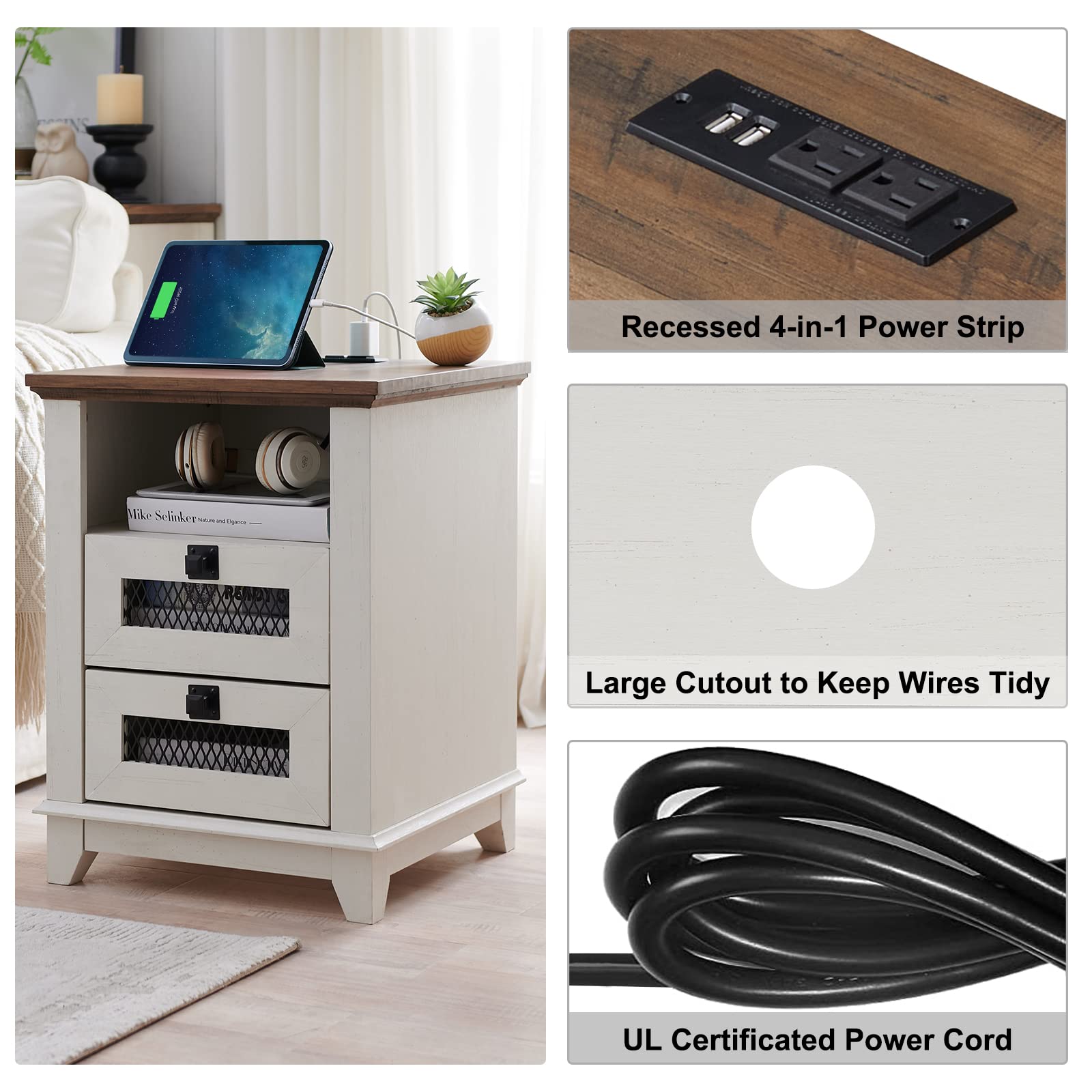 Nightstand with Charging Station,OKD 18'' Industrial & Farmhouse End Table with 2 Drawers & Open Cubby, Rustic Mesh Drawer Sofa Side Table w/Storage for Bedroom, Living Room, Office, Light Rustic Oak