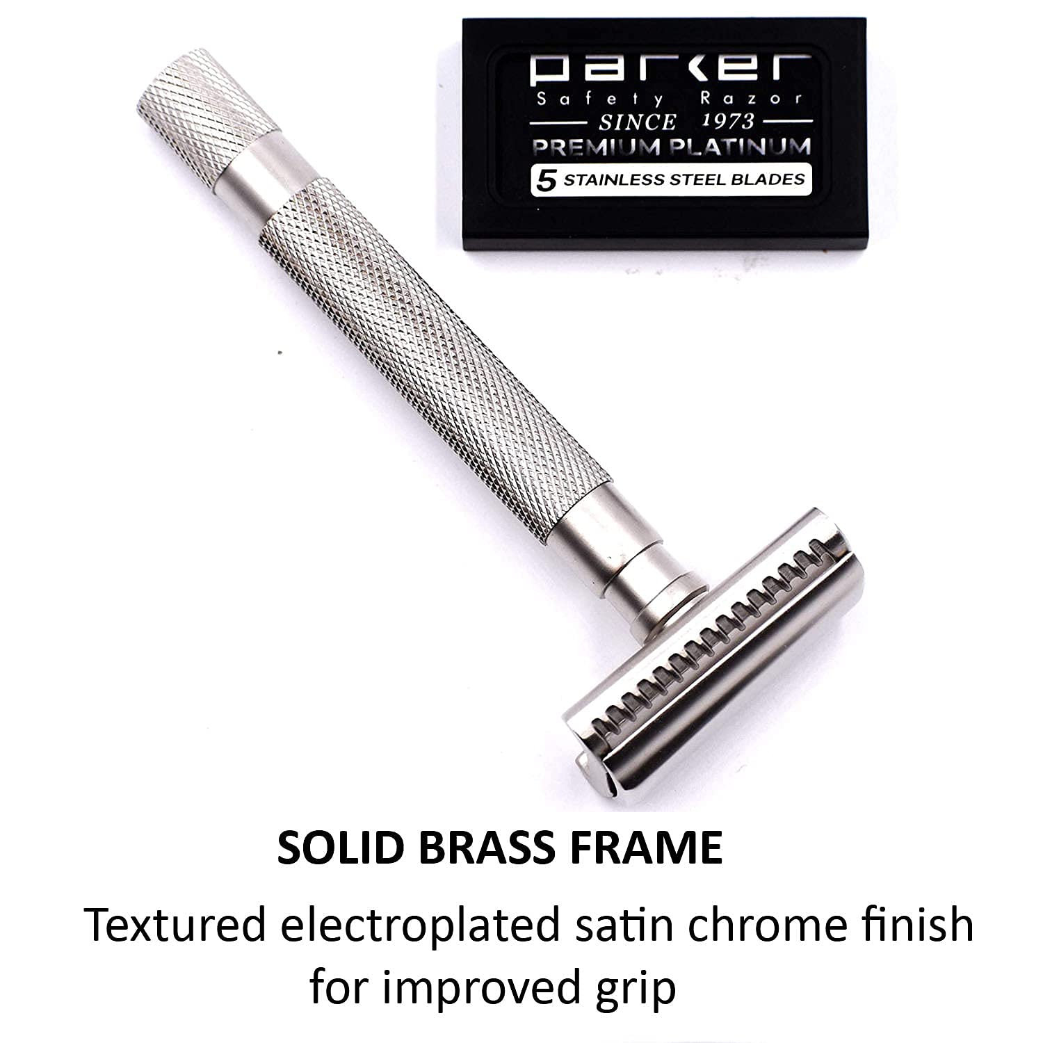 Parker THE SEMI SLANT, Double Edge Safety Razor and 5 Parker Blade Refills - Electroplated Satin Chrome Solid Brass Handle - Delivers a Barbershop Shave at Home