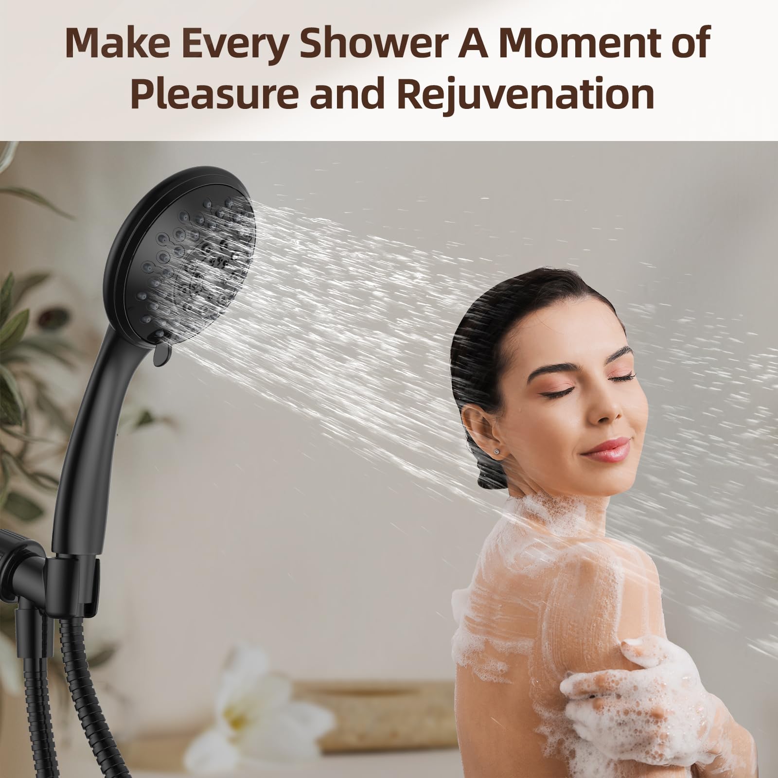 RAINVISTA High Pressure Handheld Shower Head - Matte Black - 6 Functions Detachable Bathroom Shower Head Set with Stainless Steel Hose and Adjustable Shower Arm Bracket