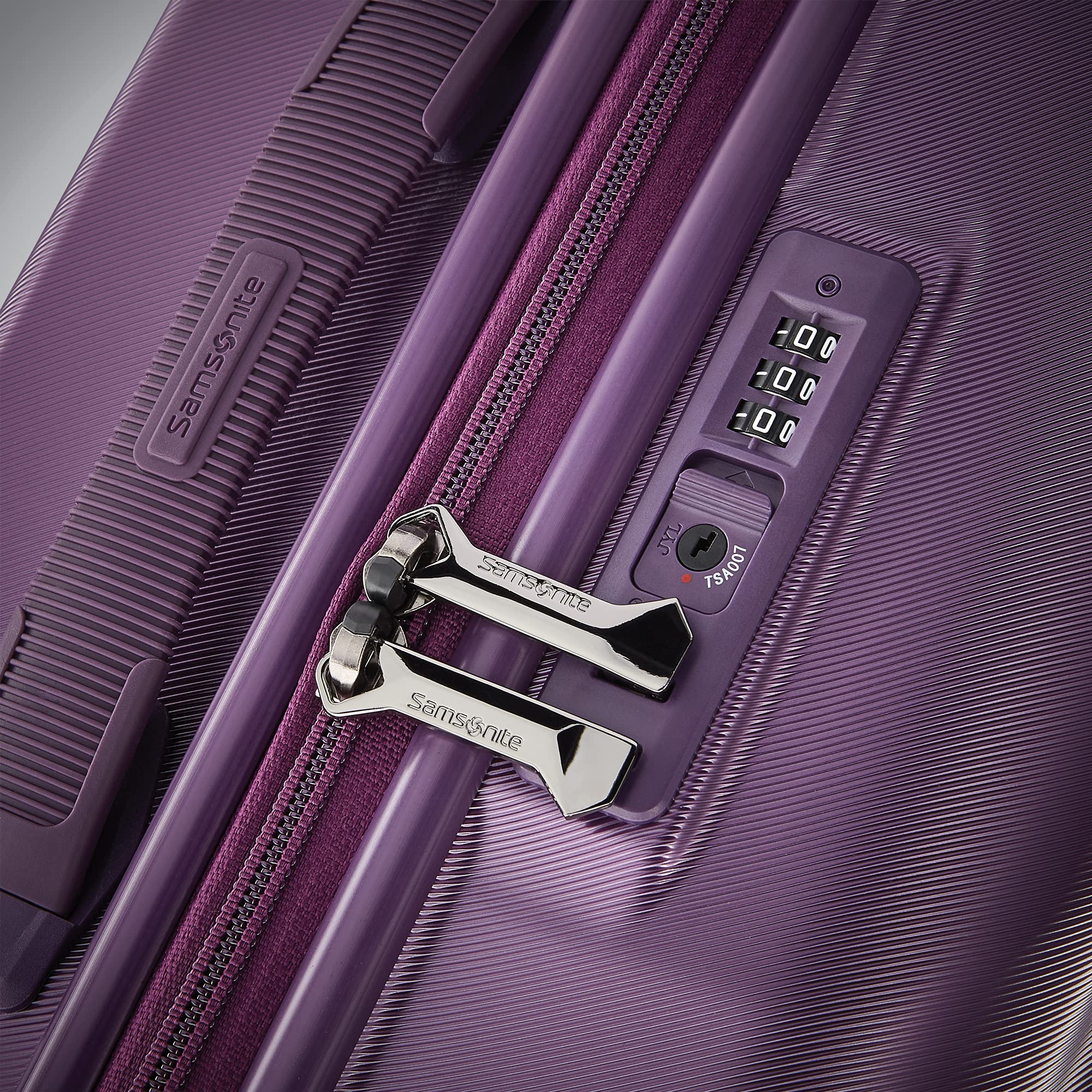 Samsonite Xcalibur XBT Spinner Hard Side Wheeled Carry On Travel Suitcase with USB Charging Port, Packing Cubes, and Adjustable Handle, Purple