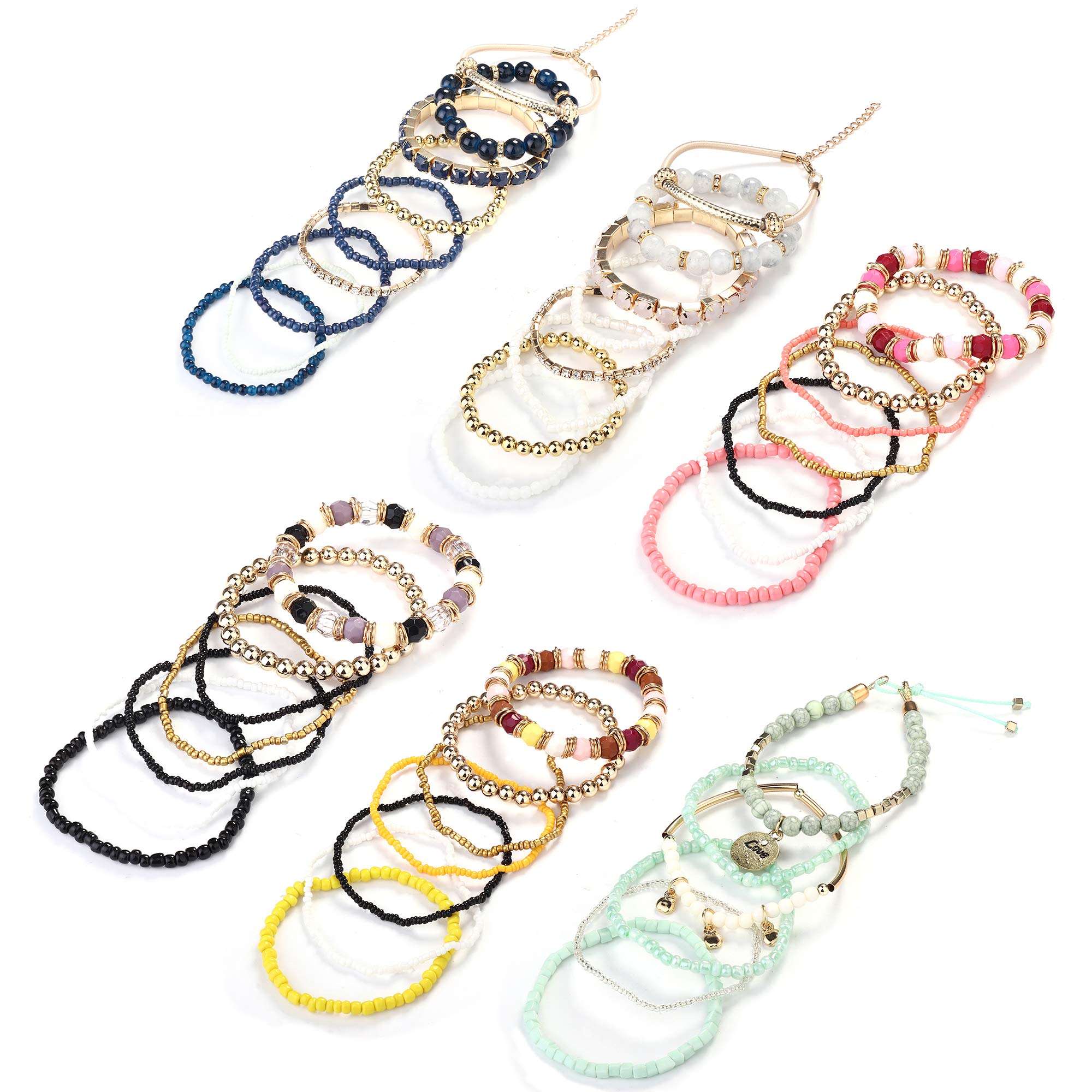 Subiceto 6 Set Bohemian Stackable Bead Bracelets for Women Multilayered Stretch Bangles Charm Pendant Bracelet Set