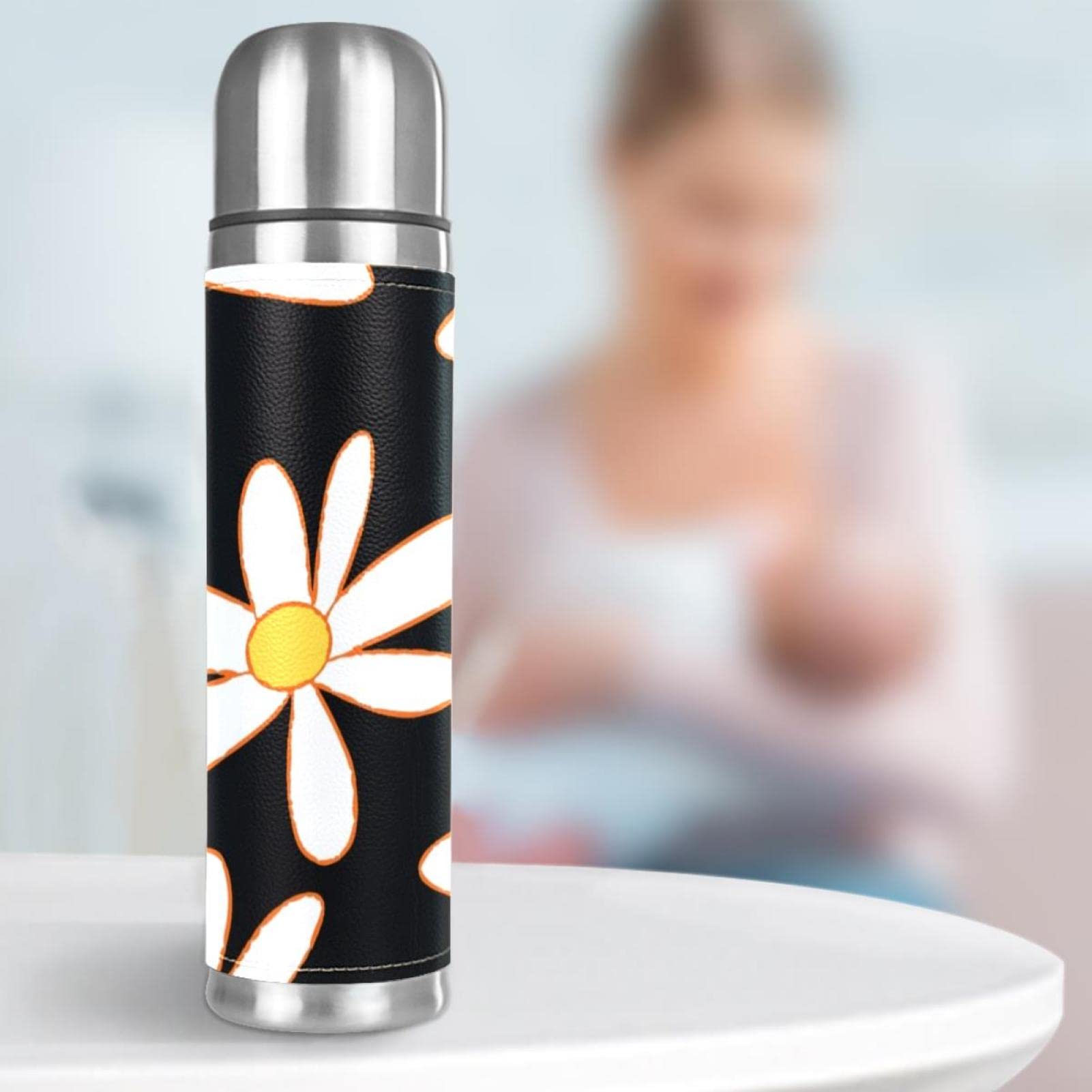 Stainless Steel Leather Vacuum Insulated Mug Flowers Thermos Water Bottle for Hot and Cold Drinks Kids Adults 16 Oz