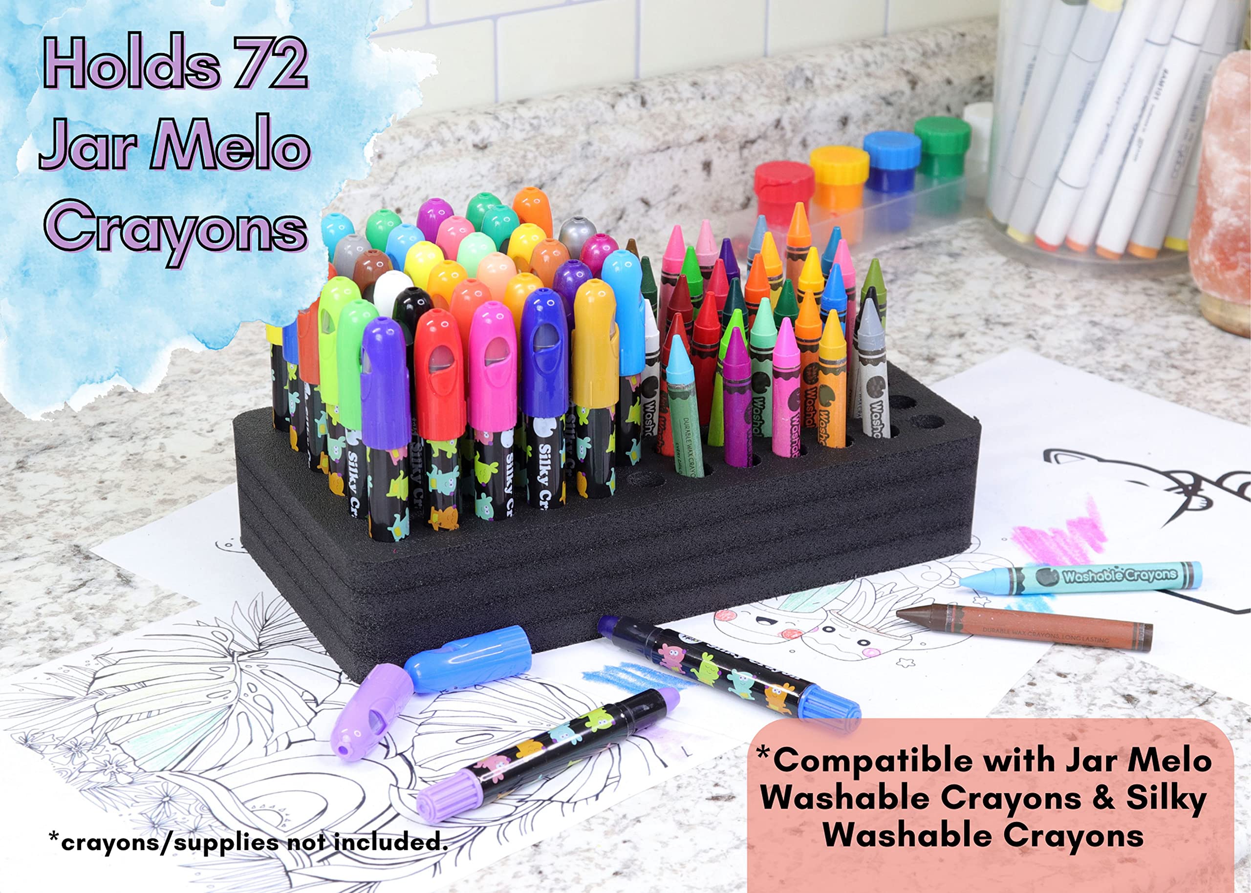 Polar Whale Jumbo Washable Crayon Desk Stand Organizer Compatible with Jar Melo and Others Design Storage Tray Supply Non-Scratch Non-Rattle Washable Durable Black Foam Holds 72