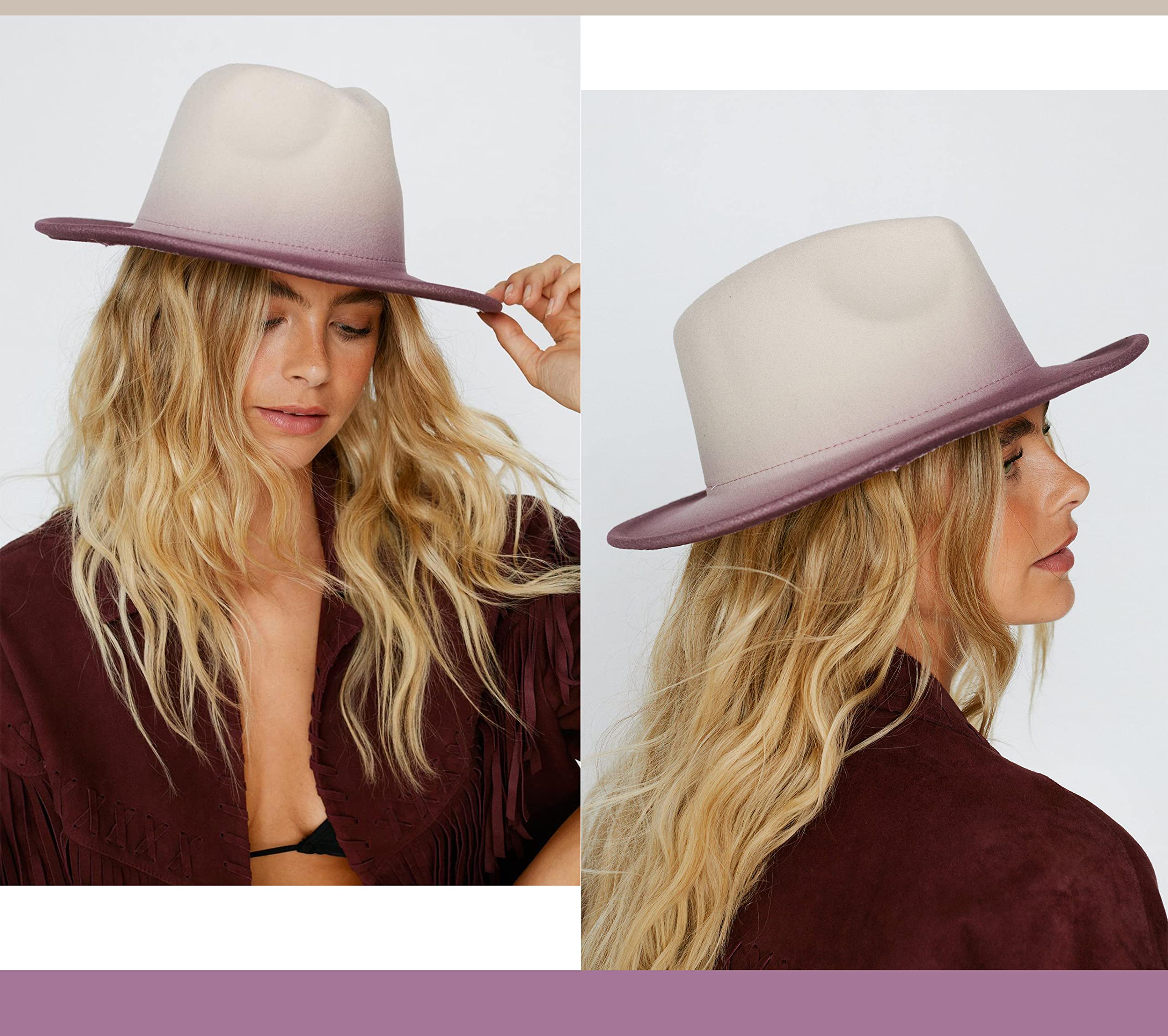 Two-Tone Gradient Fedora Hat for Women British Felt Panama Hats Ladies Tie-Dye Wide Brim Top Hat (Medium (Adjustable 22-27 Inches), Lavender Gradient(Detachable Decorative Black Belt)