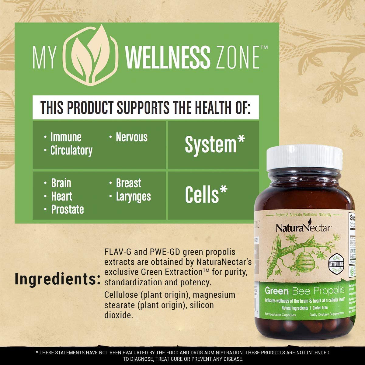 NaturaNectar Green Bee Propolis | NSF Contents Certified | Premium Brazilian Propolis | Care Relief | Ethical Beekeeping & Naturally Sourced | 60 capsules
