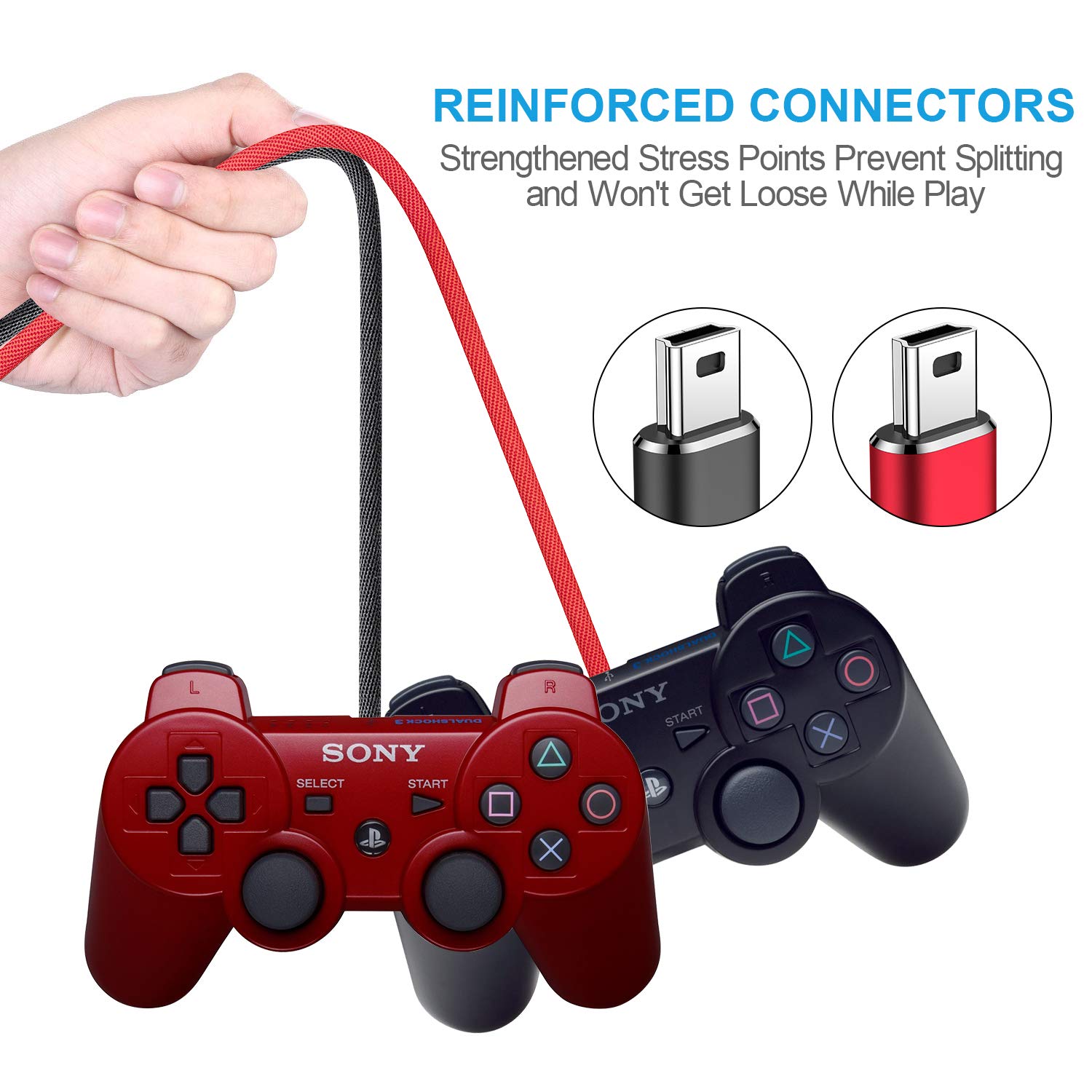 PS3 Controller Charger Charging Cable - 2 Pack 10FT Long Nylon Braided 5 Pin Mini USB Data Sync Cord for Playstation 3, Dualshock 3, PS Move, TI84 Plus CE, GoPro Hero 3+, Cell Phones, MP3 Players
