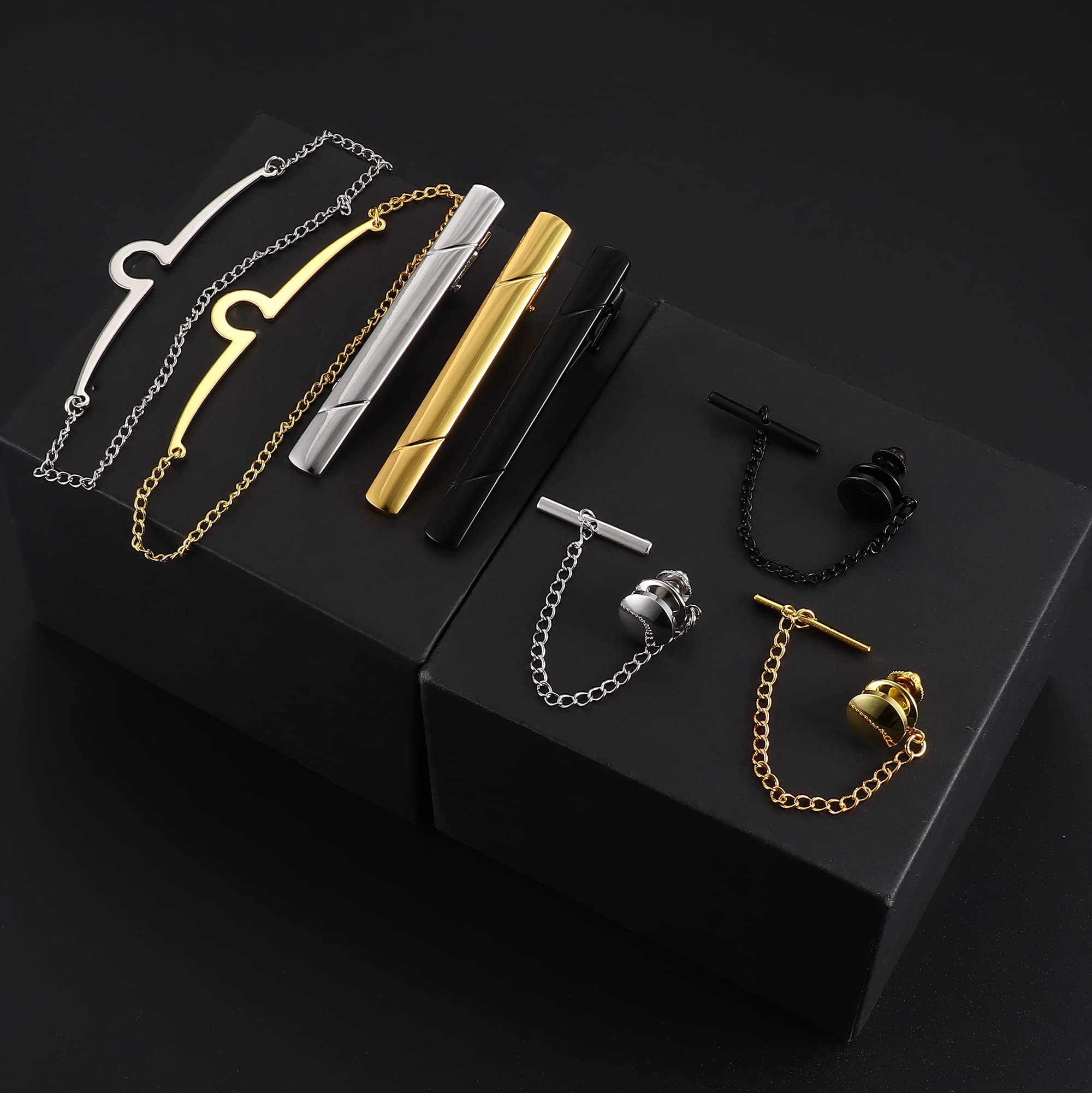THUNARAZ 8 Pcs Tie Clips for Men Tie Bar Clip for Regular Ties Necktie Mens Tie Tacks Clutch with Chain Wedding Business Tie Pin Clips with Gift Box