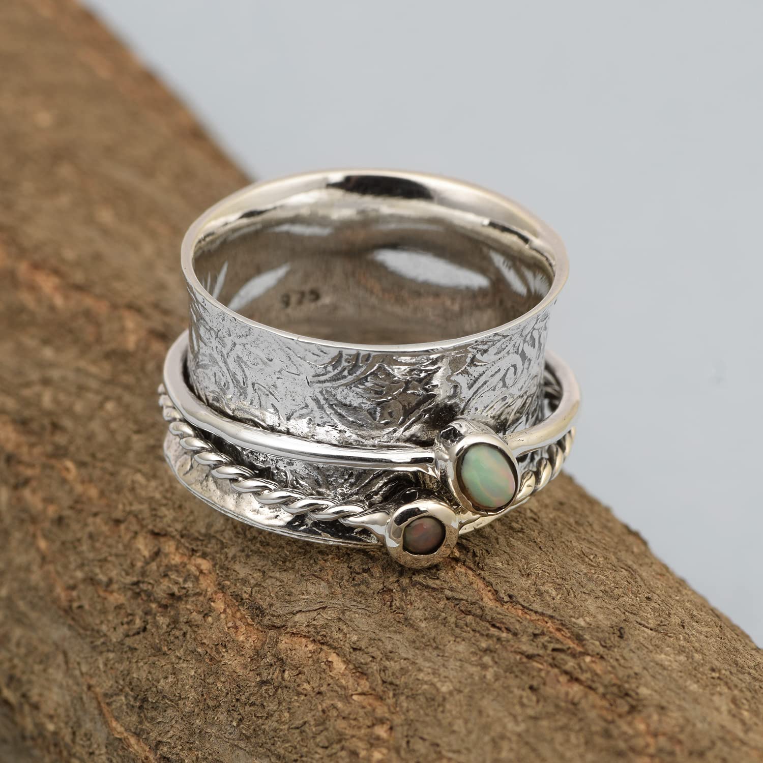 Spinner Ring !! 925 Sterling Silver Opal Gemstone Meditation Ring, Anxiety Ring, Fidget Ring, Anti Stress Ring, Worry Band (9.5)