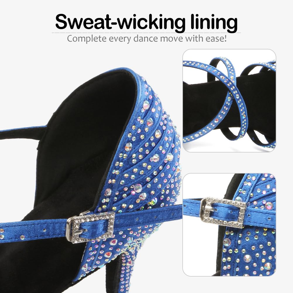 SWDZM Women's Rhinestone Dance Shoes Ballroom Latin Salsa Performance Practice Dancing Shoes,L377,Blue,Heel 3'',US 6